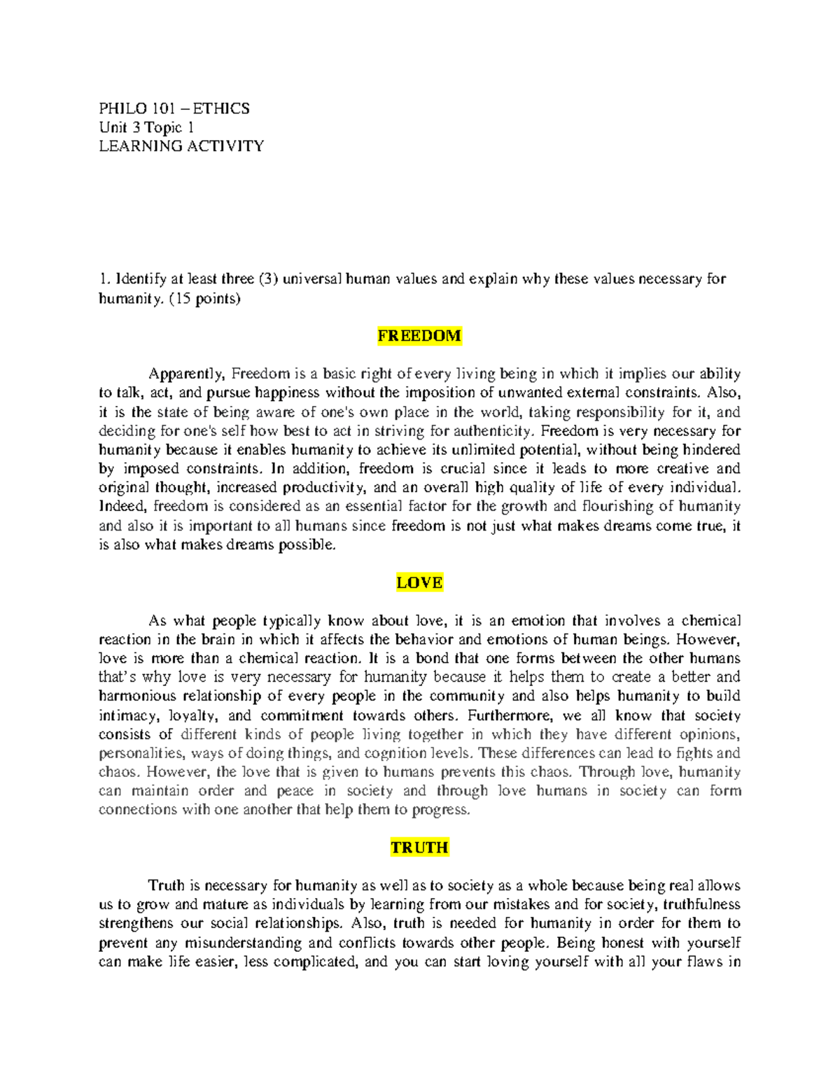 Philo U3 T1 mental exercise - PHILO 101 – ETHICS Unit 3 Topic 1 ...