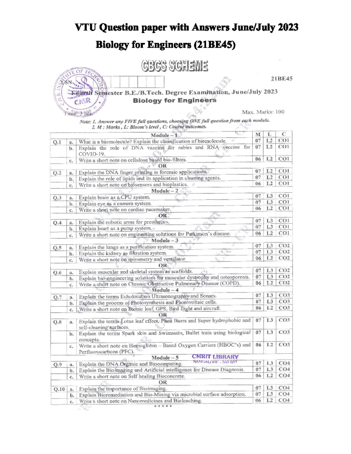 Biology - REFFER - VTU Question paper with Answers 2023 Biology for ...