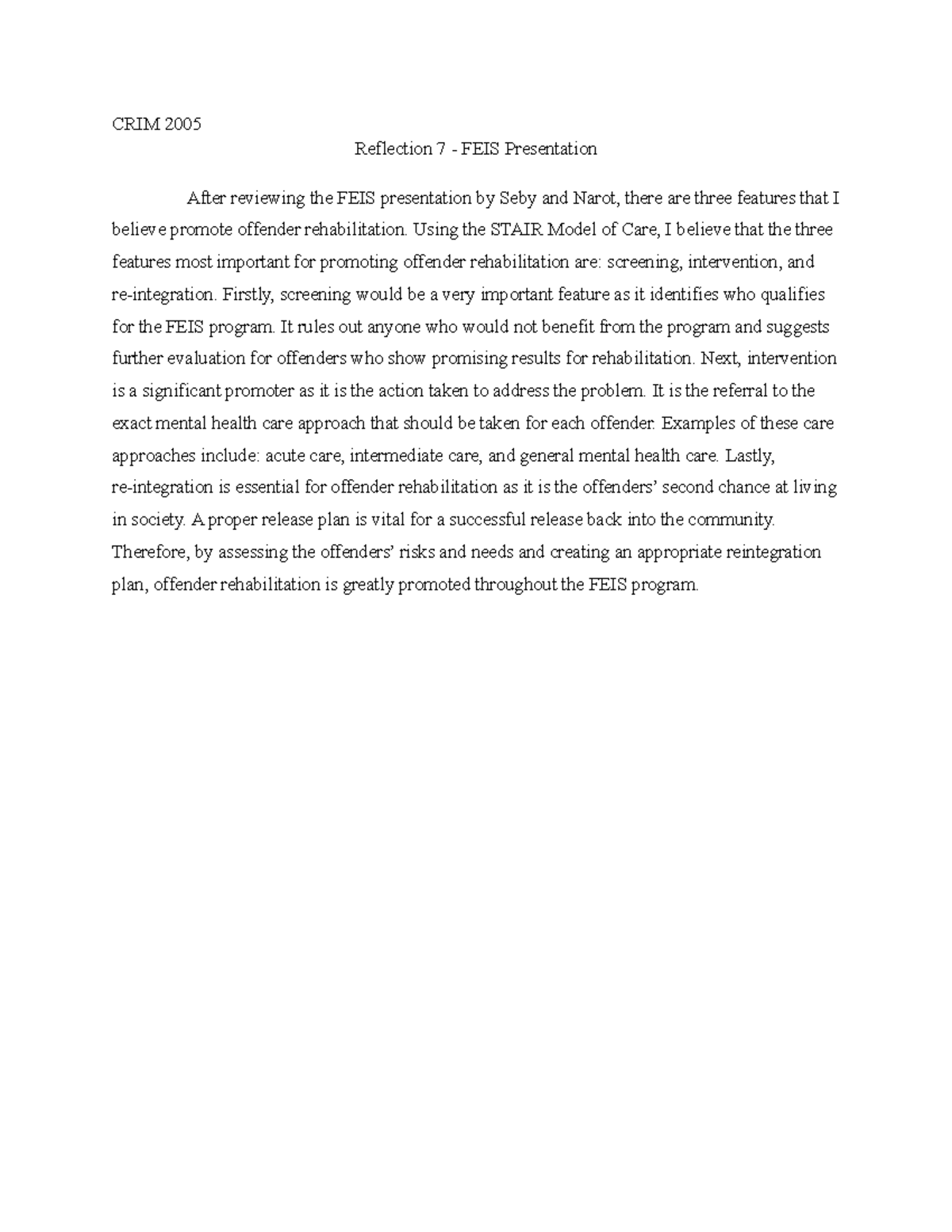 CRIM 2005 - reflection 7 - CRIM 2005 Reflection 7 - FEIS Presentation ...