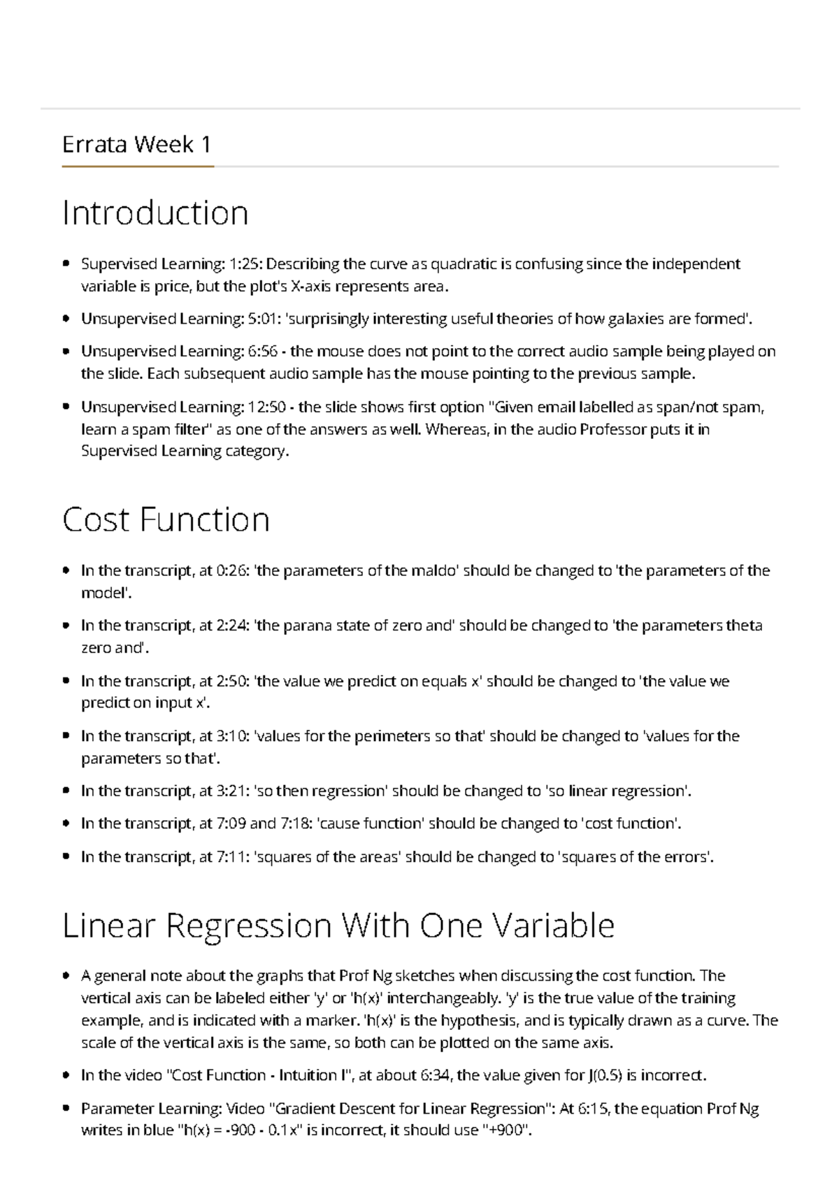 Errata - andrew machine learning course slide - Errata Week 1 Introduction Supervised Learning ...