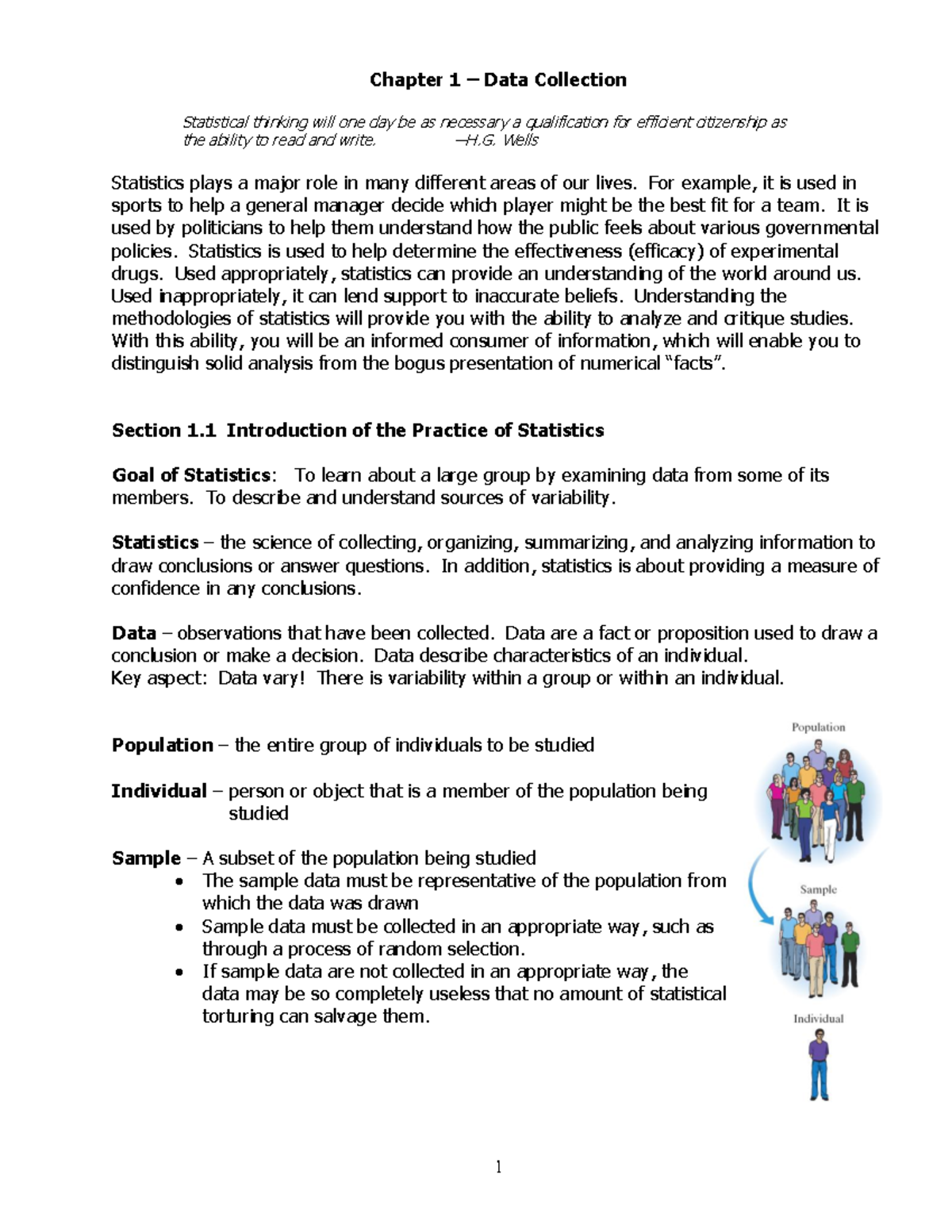 Chapter 1 Notes - Chapter 1 – Data Collection Statistical thinking will ...