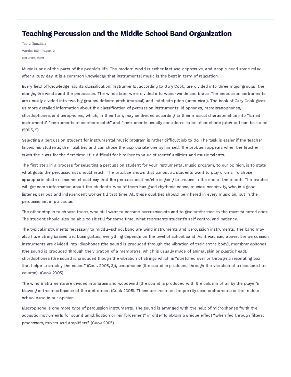 Teaching Percussion and the Middle School Band Organization Free Essay ...