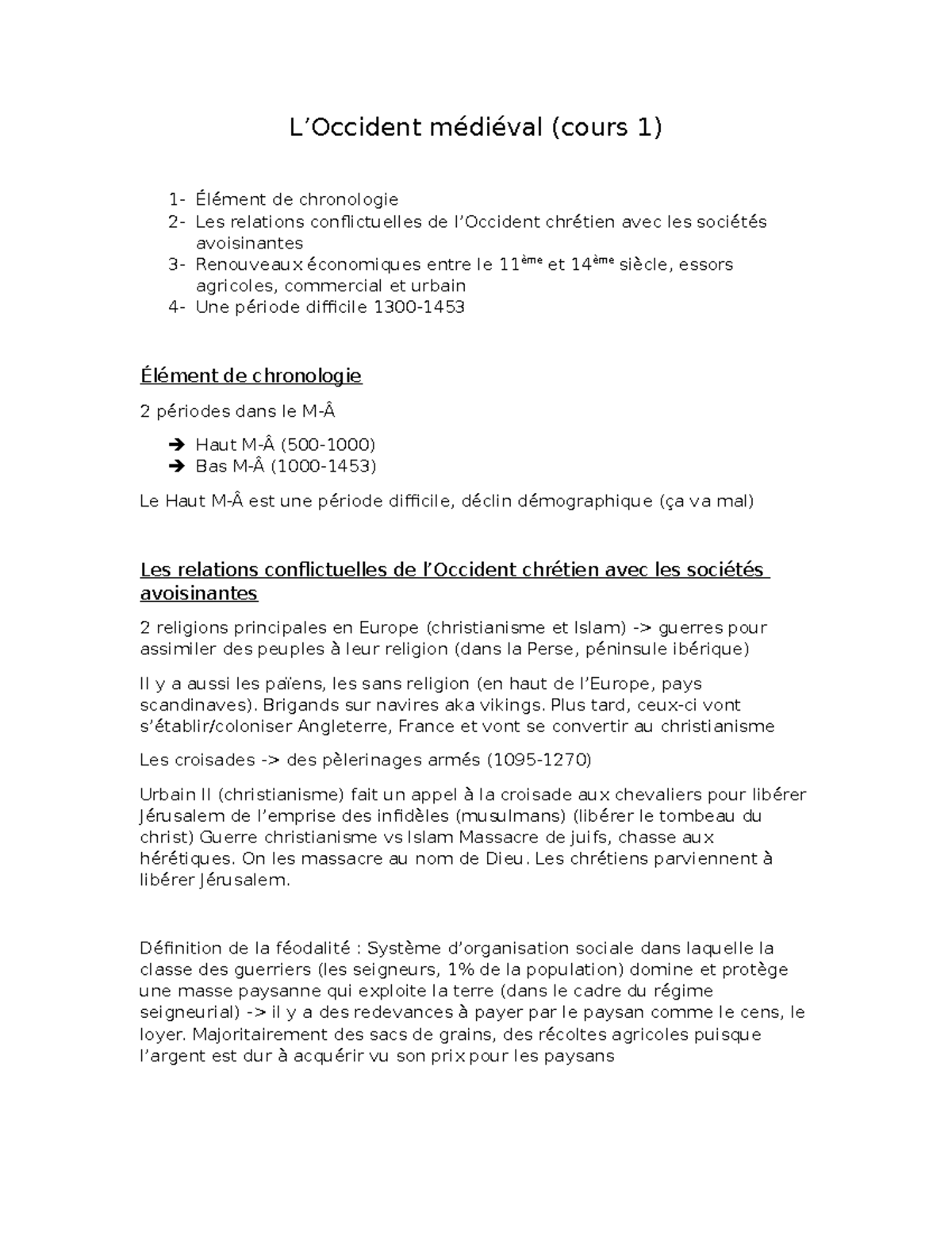 Cours 1 - Occident médiéval - L’Occident médiéval (cours 1) 1- Élément ...