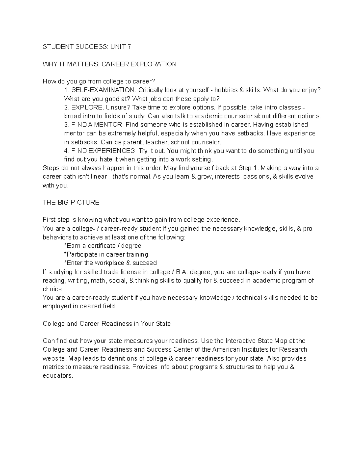 Student Success UNIT 7 - STUDENT SUCCESS: UNIT 7 WHY IT MATTERS: CAREER ...