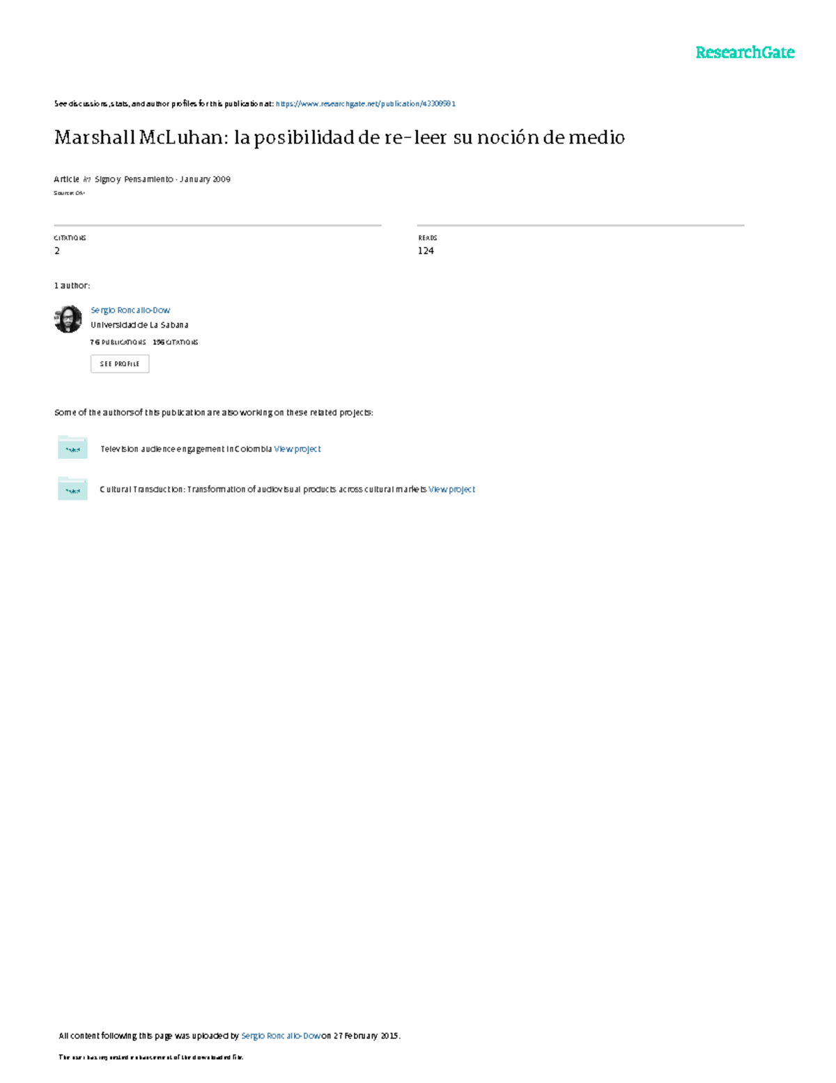 Roncallo Dow, Sergio - Marshall Mc Luhan la posibilidad de re-leer su ...