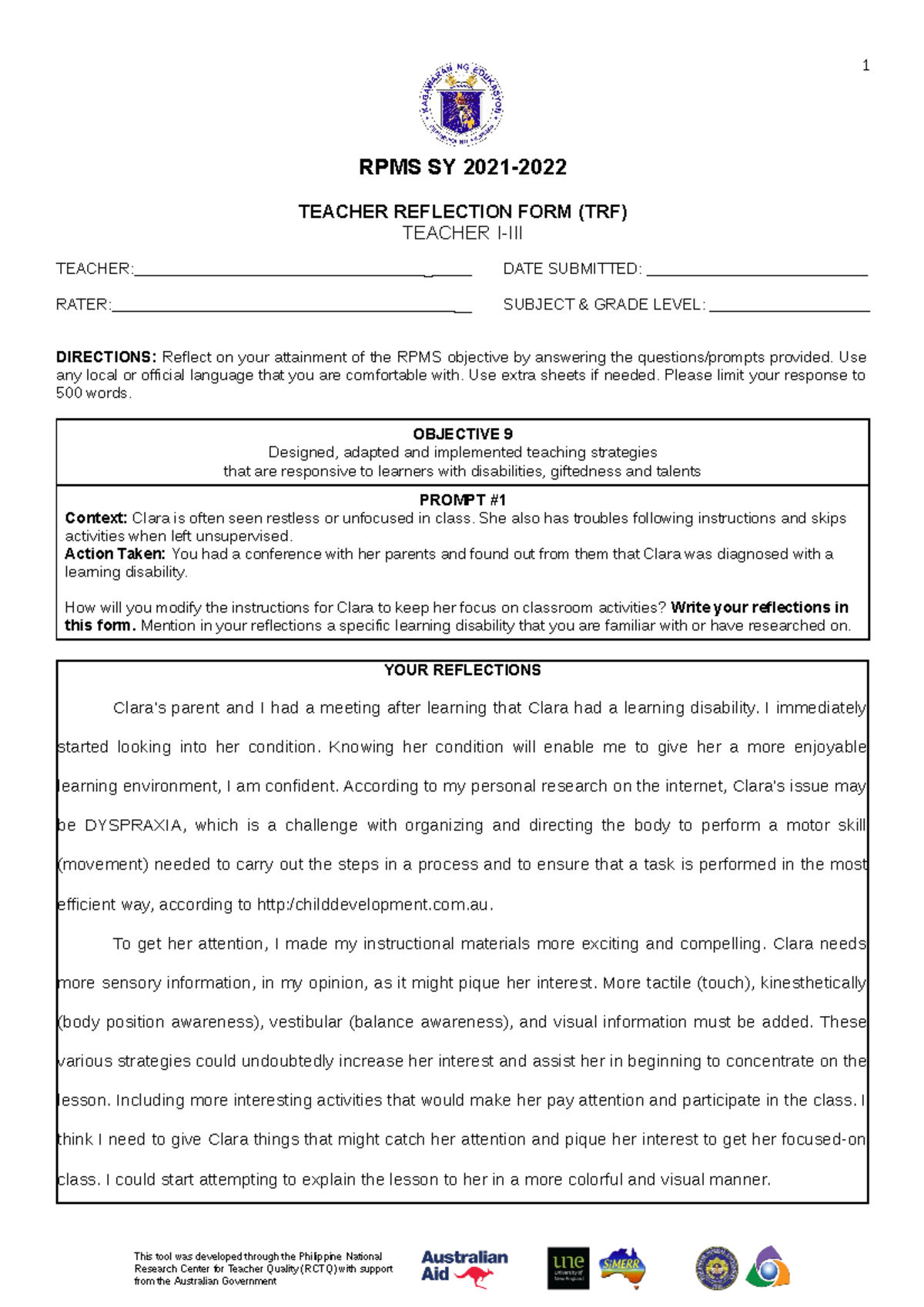[Appendix 4A] Teacher Reflection Form for T I-III for RPMS SY 2021-2022 ...