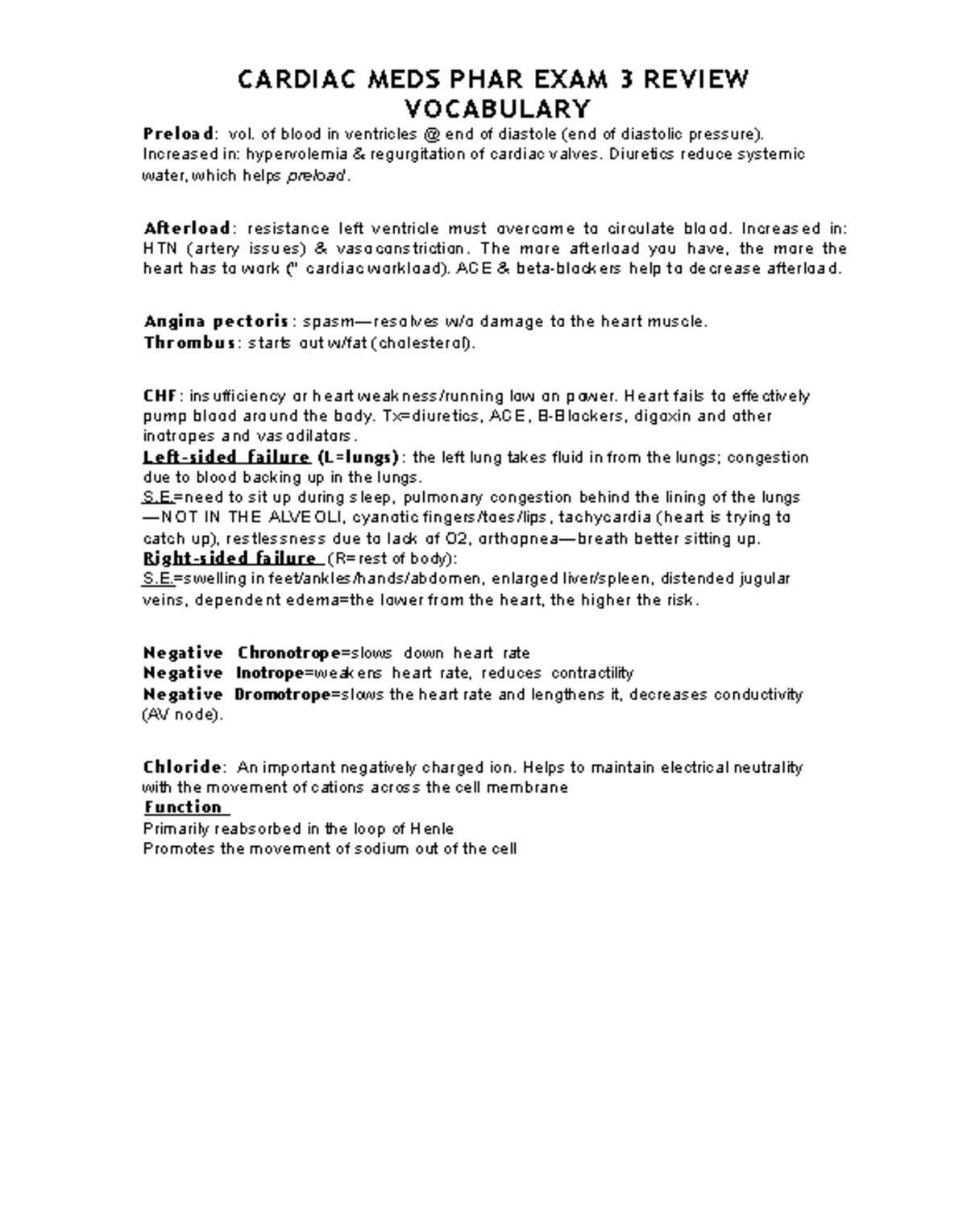 Cardiac MEDS - CARDIAC MEDS PHAR EXAM 3 REVIEW VOCABULARY Preload: vol ...