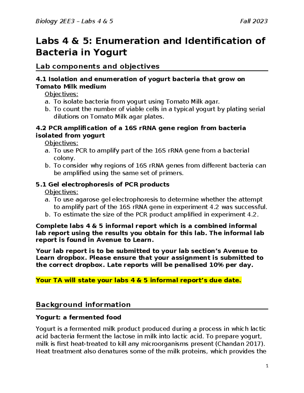 F23 Bio 2EE3 Labs 4 & 5 manual - Labs 4 & 5: Enumeration and Identification of Bacteria in - Studocu