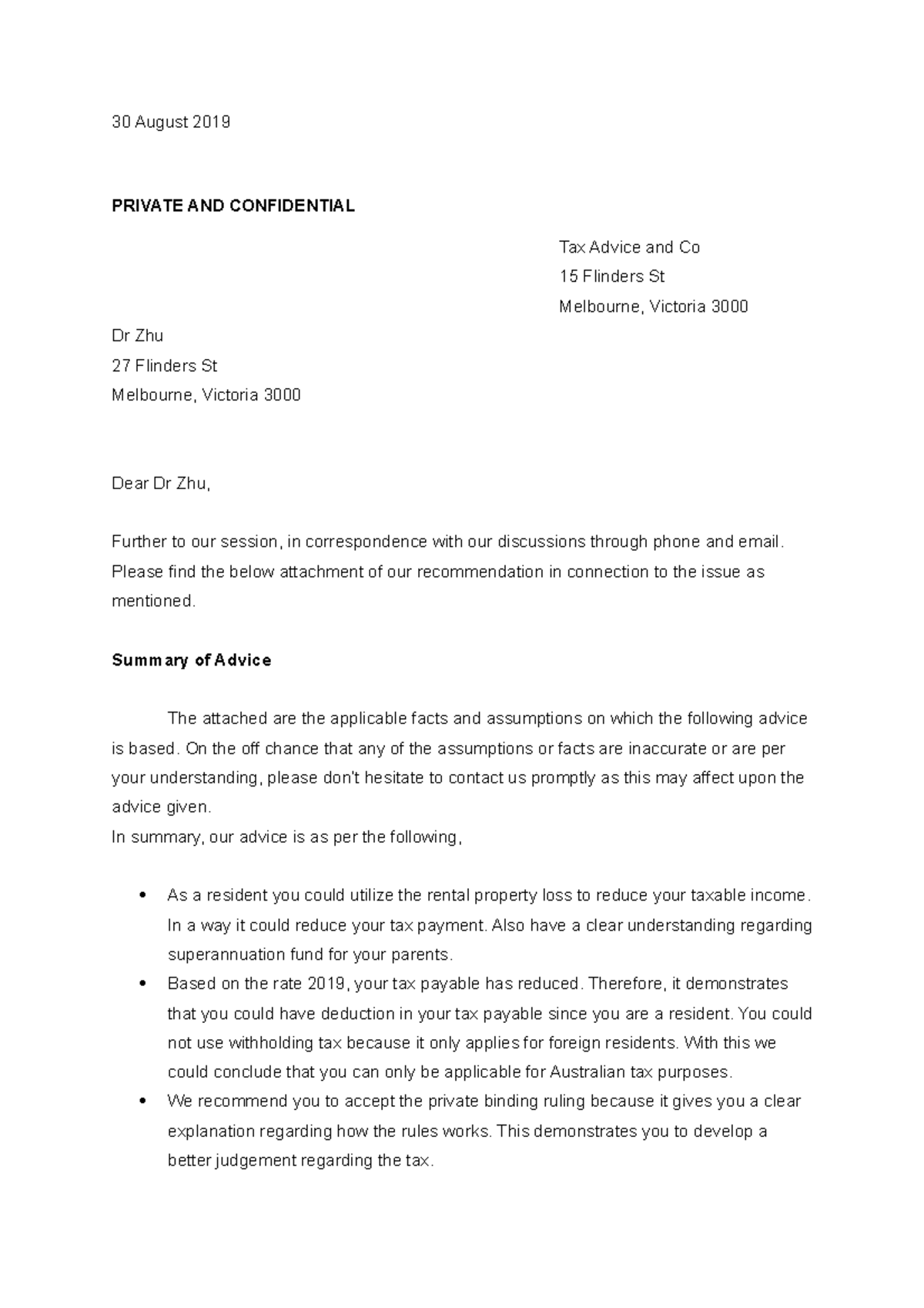 Letter of advice - 30 August 2019 PRIVATE AND CONFIDENTIAL Tax Advice ...