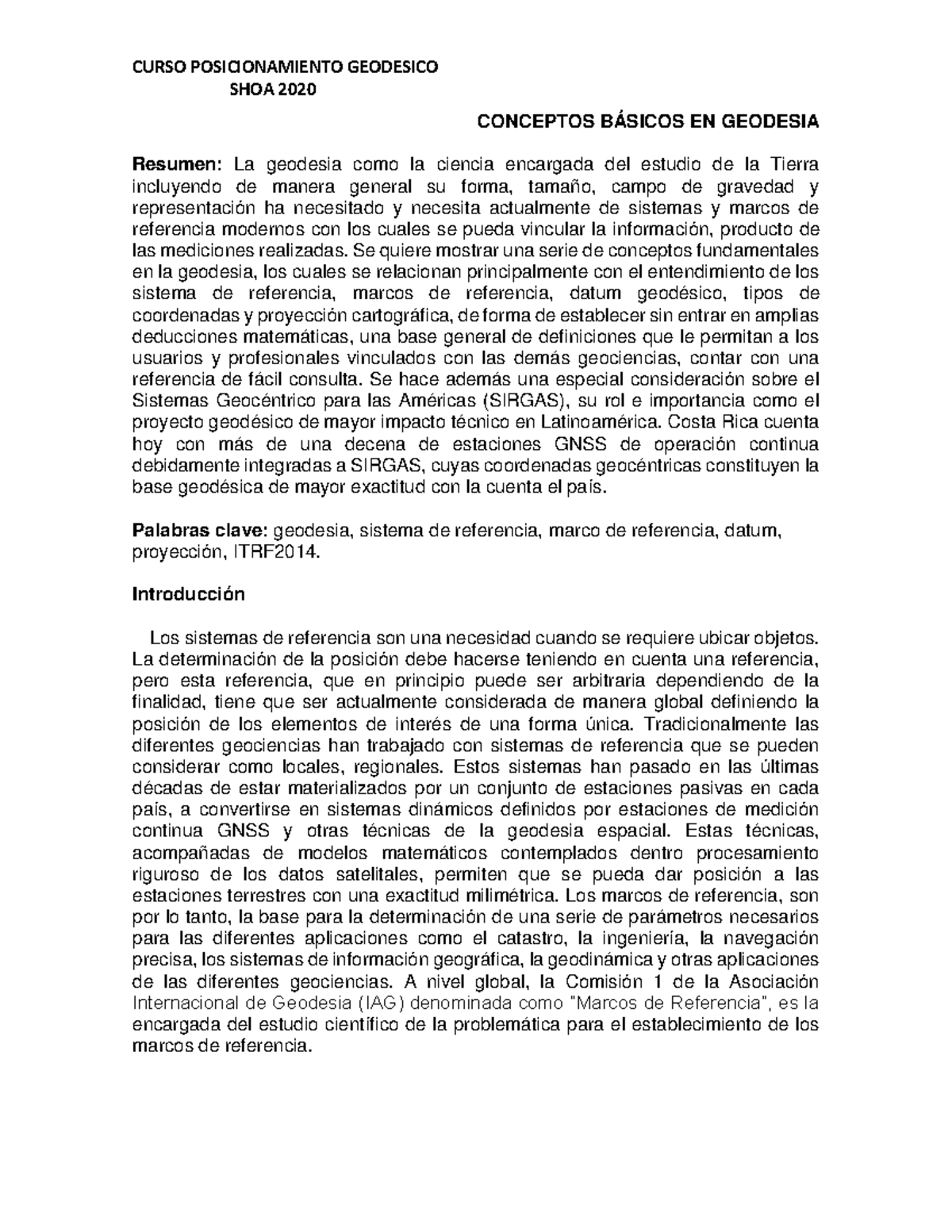 Conceptos Fundamentales EN Geodesia - SHOA 2020 CONCEPTOS BÁSICOS EN GEODESIA Resumen: La ...
