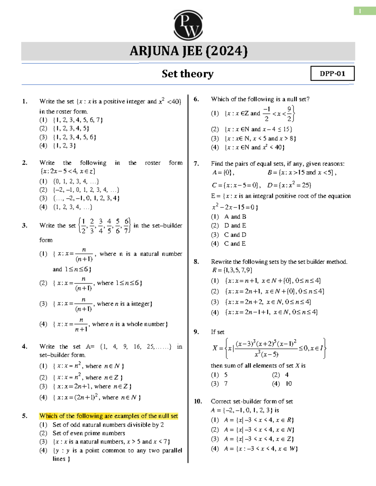 DPP 01 Arjuna JEE 2024 - FASVV - 1 ARJUNA JEE (2024) Set theory Write the set {x : x is a ...