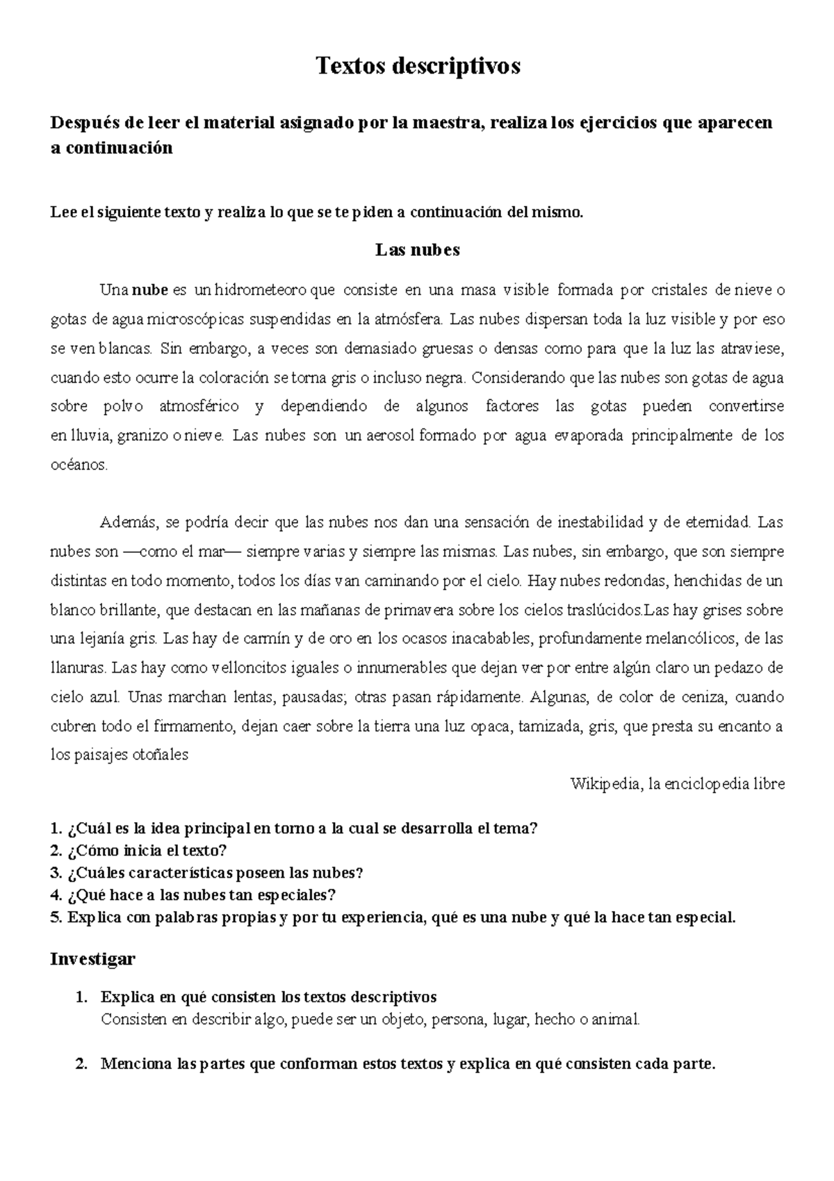 Actividades Texto Descriptivo - Textos descriptivos Después de leer el ...