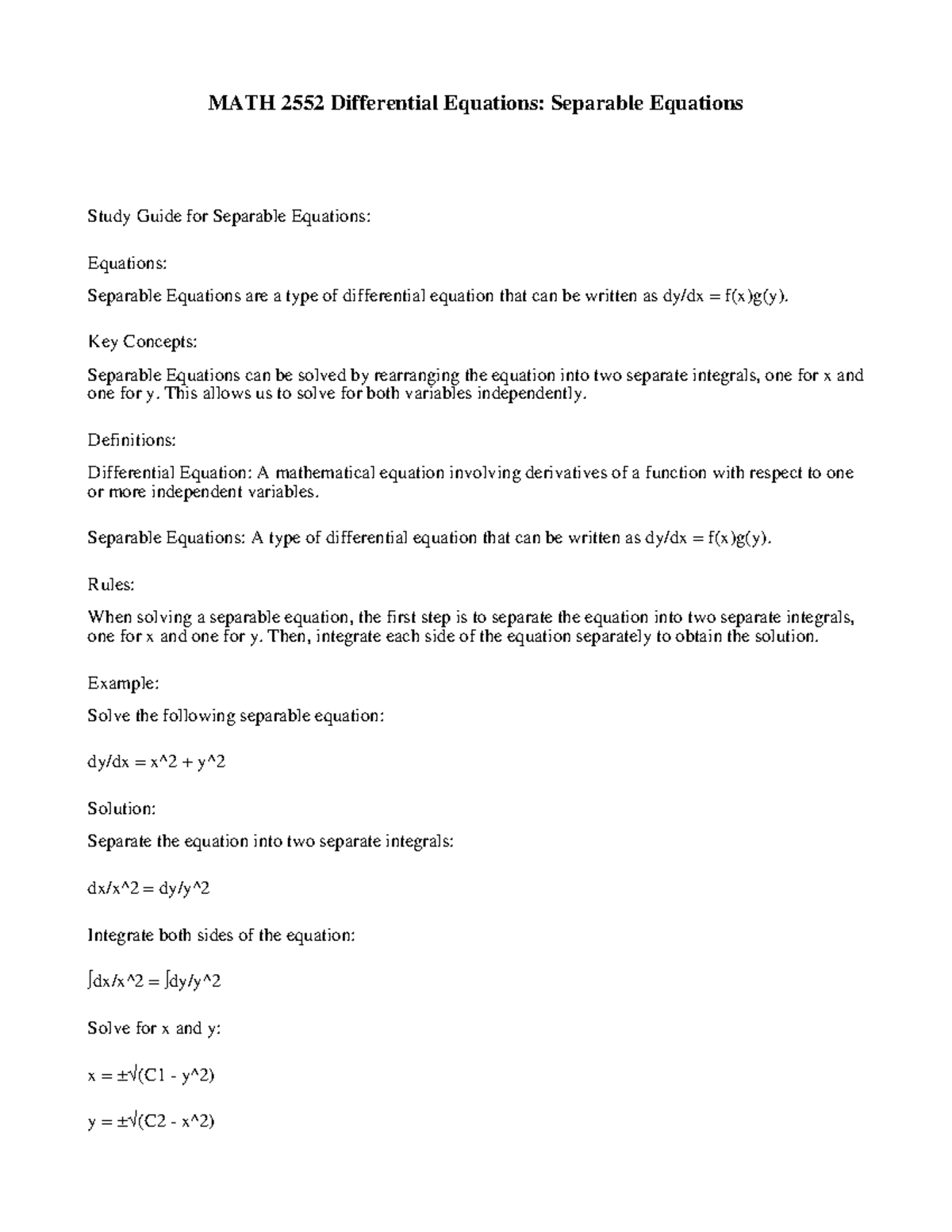 Math 2552 Differential Equations Separable Equations Notes Math