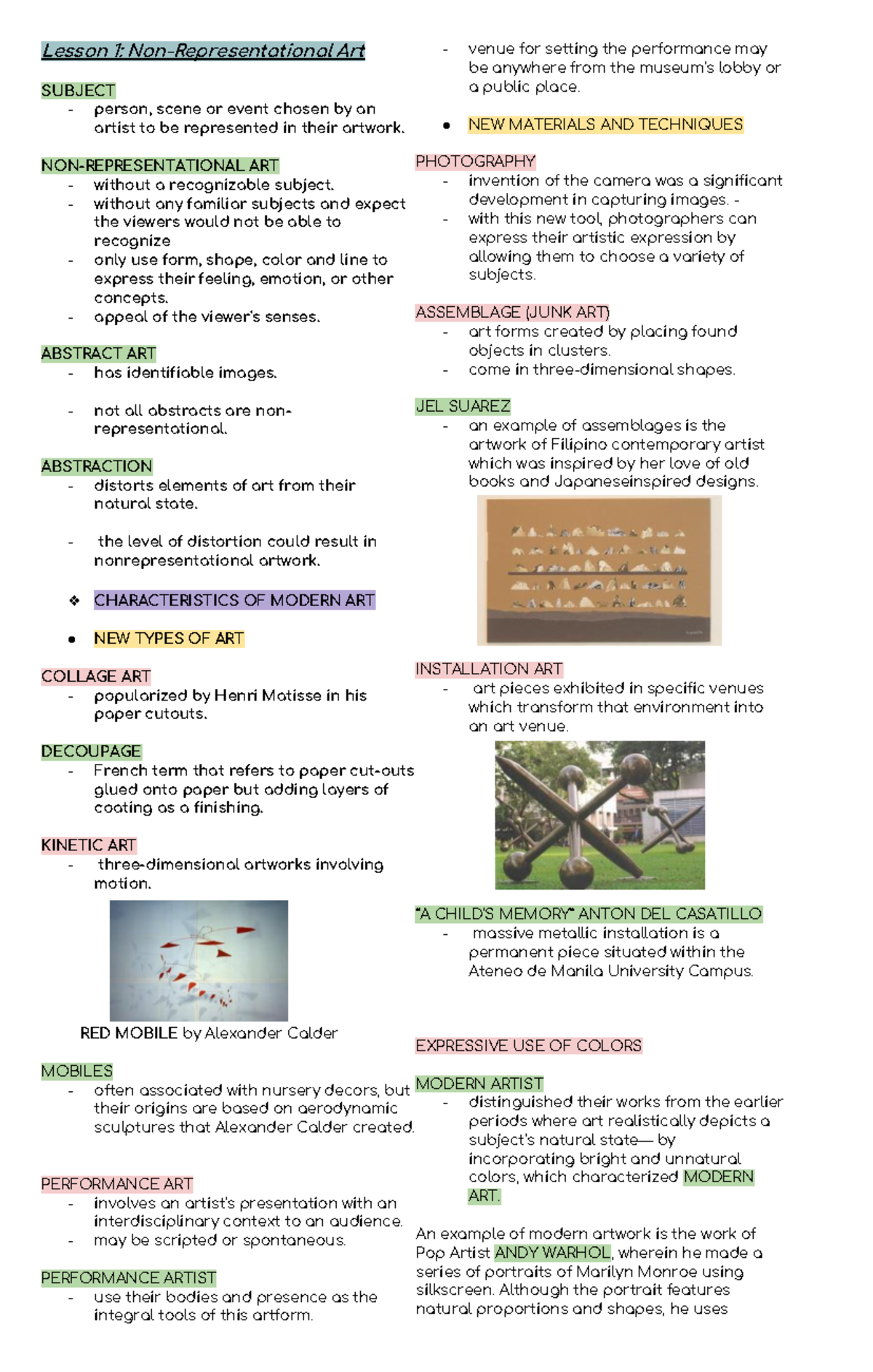 Contemporary Arts - Lesson 1: Non-Representational Art SUBJECT person ...