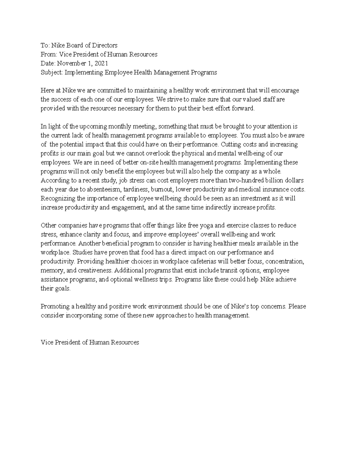 Persuasive Memo - To: Nike Board of Directors From: Vice President of ...