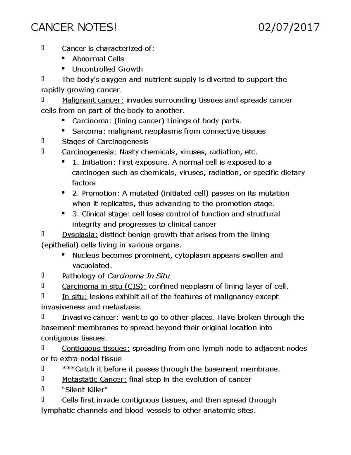 Cancer Notes 2-7-17 - CANCER NOTES! 02/07/2017 Cancer is characterized ...