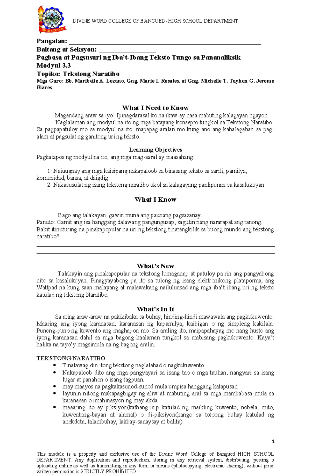 Pagbasa 3 MODULE - DIVINE WORD COLLEGE OF BANGUED- HIGH SCHOOL ...