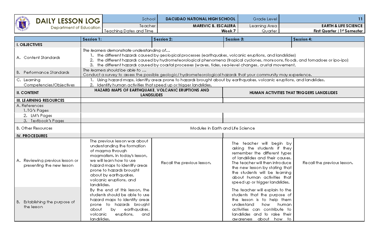 DLL ELS Quarter 1 WEEK 7 - DLL - DAILY LESSON LOG Department of ...