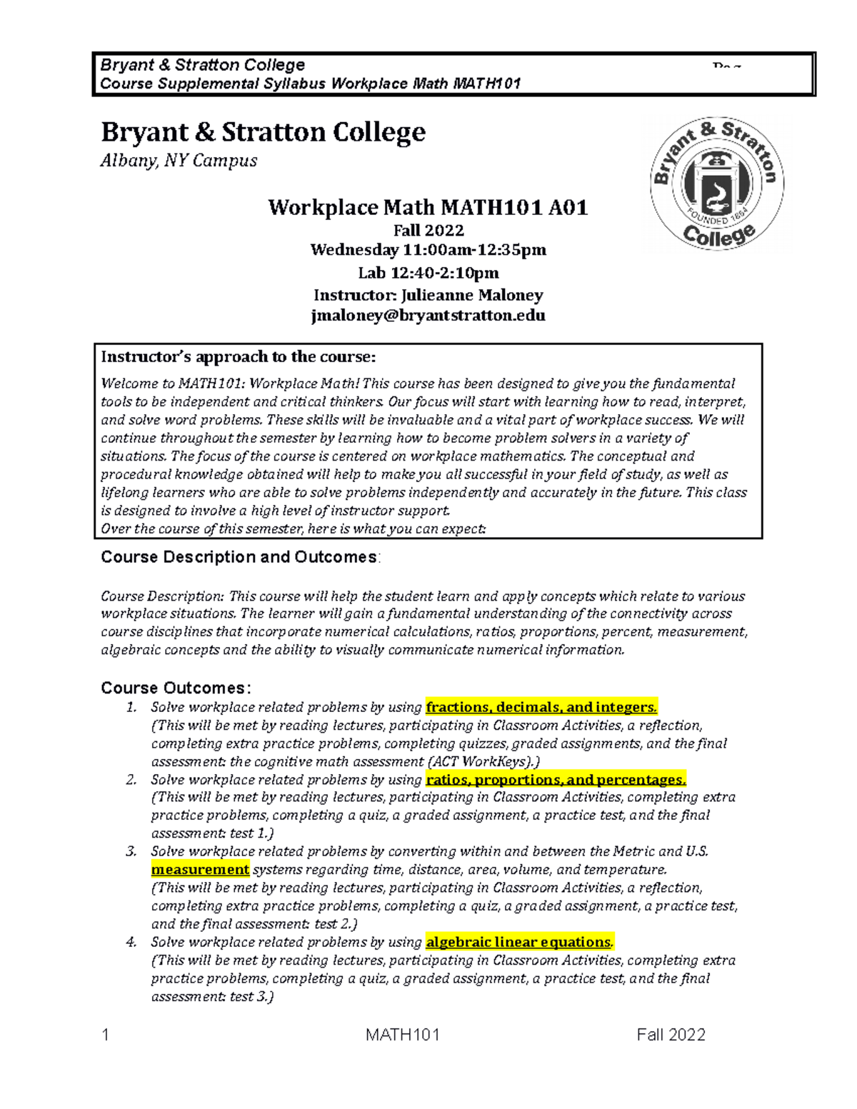 Supplemental Syllabus MATH101-A01 Fall 2022 Wed 11am - Course Supplemental Syllabus Workplace ...