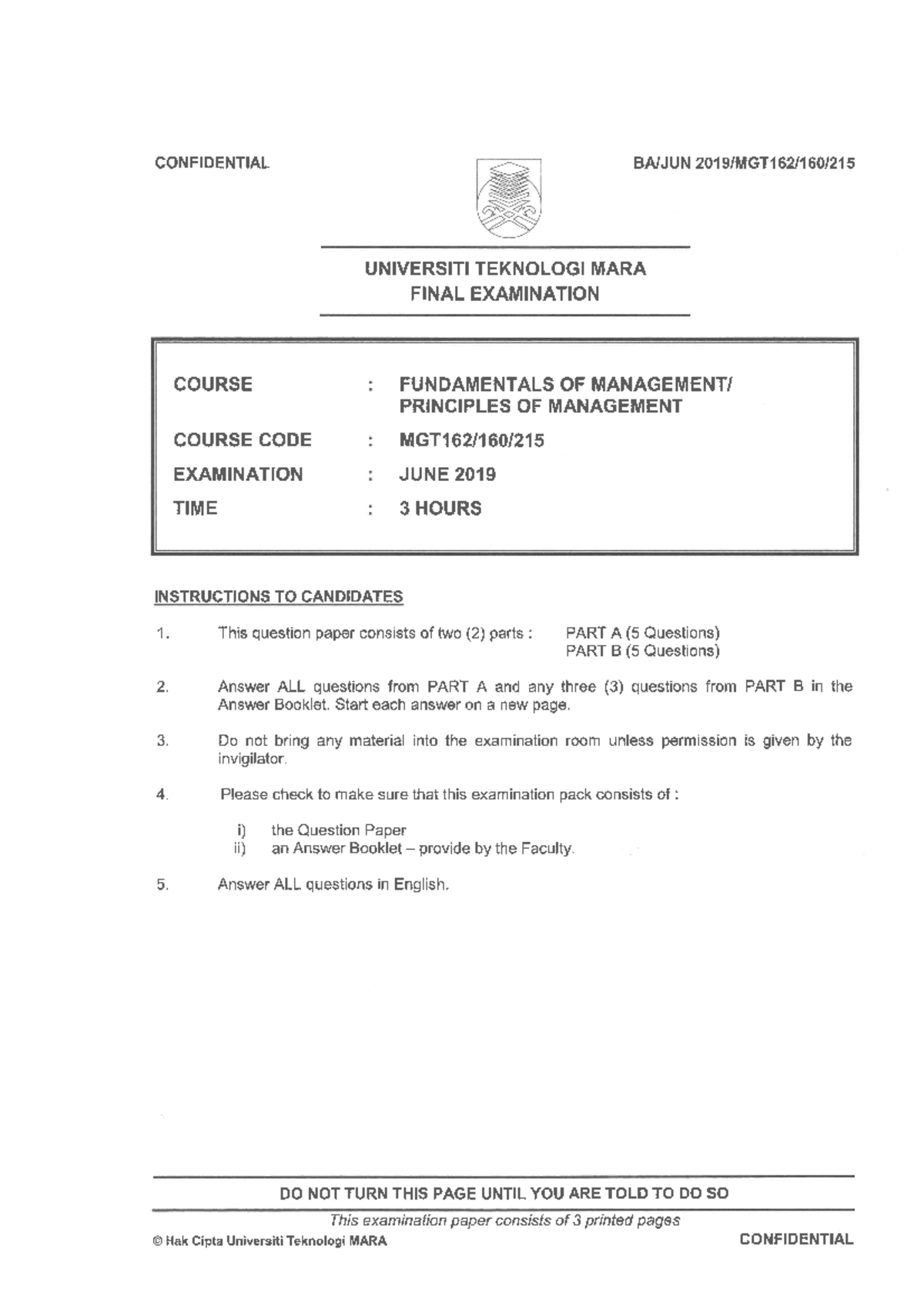 MGT162 160 215 - past year question - fundamental of management - Studocu