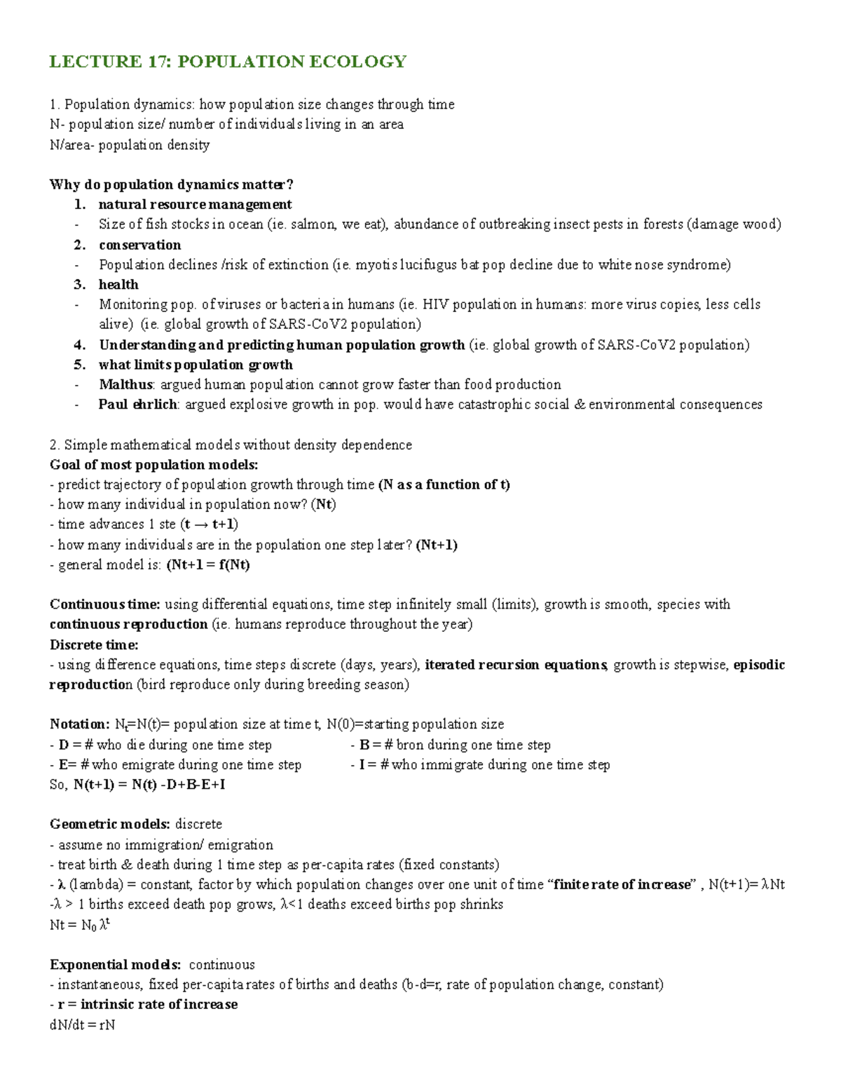 BIO120 Lecture 17 - LECTURE 17: POPULATION ECOLOGY Population dynamics ...