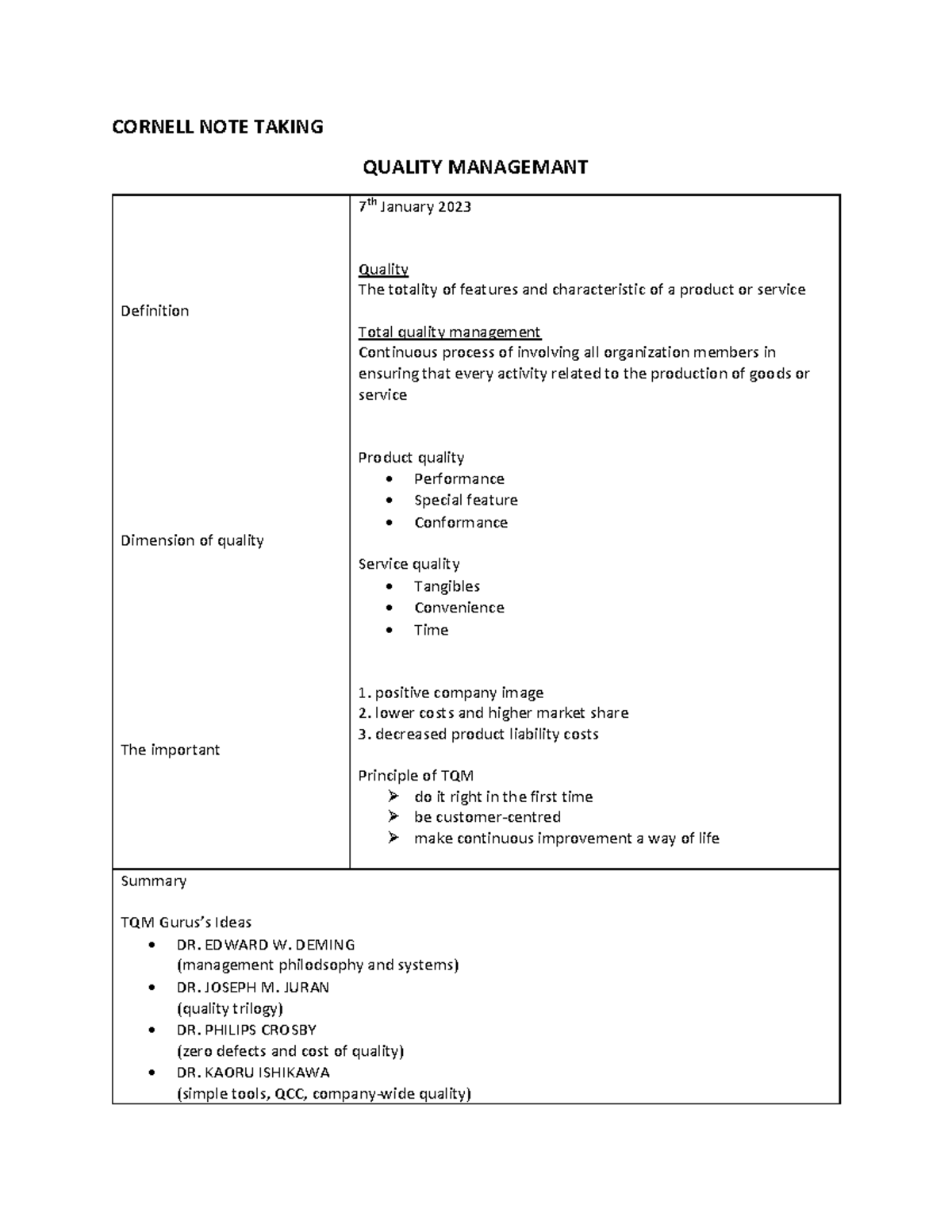Cornell method - ued102 - CORNELL NOTE TAKING QUALITY MANAGEMANT ...