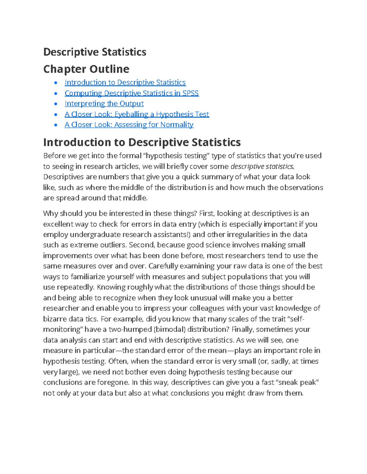 Chapter 1 of a guide to SPSS - Descriptive Statistics Chapter Outline ...