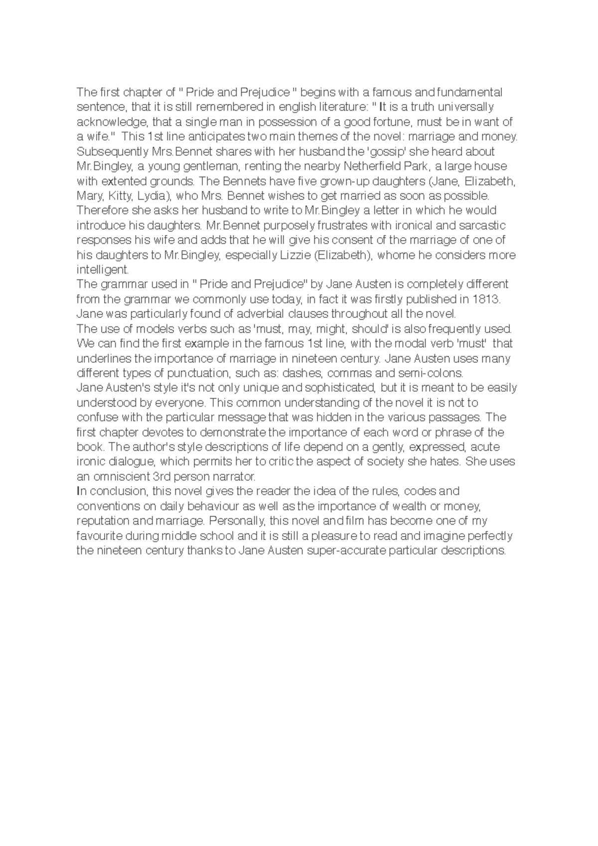 Pride and Prejudice first chapter - The first chapter of " Pride and ...