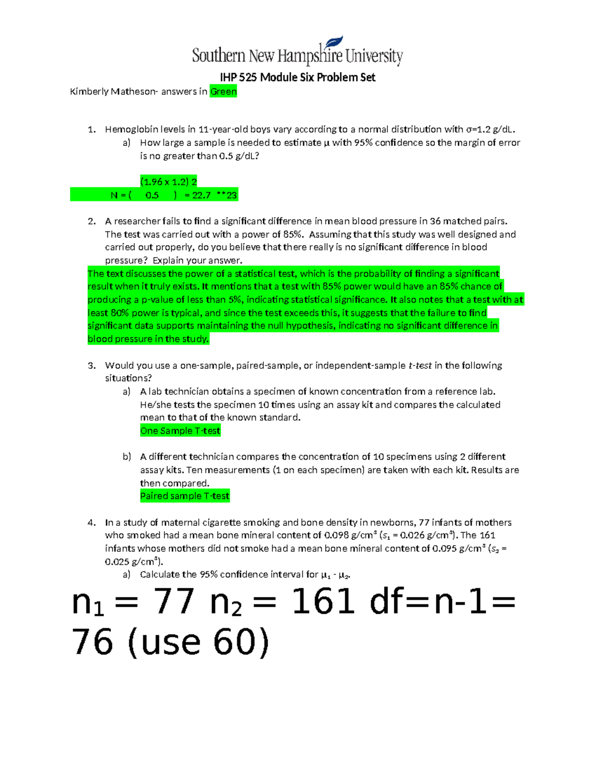 IHP 525 Module Six Problem Set Matheson - IHP 525 Module Six Problem ...