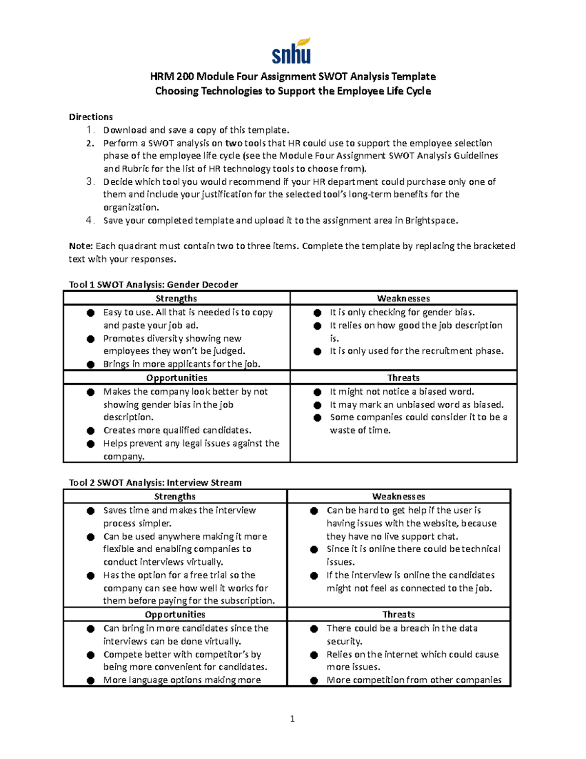 HRM 200 Module Four Assignment SWOT Analysis Template - Download and ...