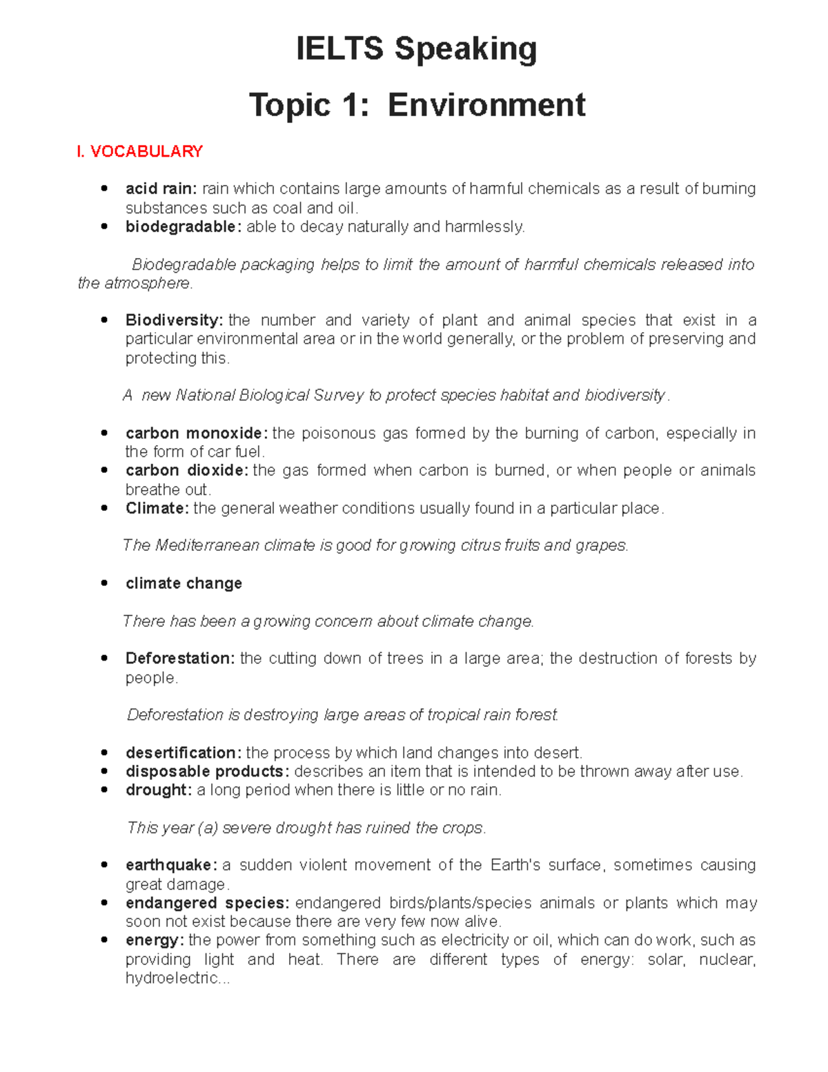 Ielts Speaking - IELTS Speaking Topic 1: Environment I. VOCABULARY acid ...
