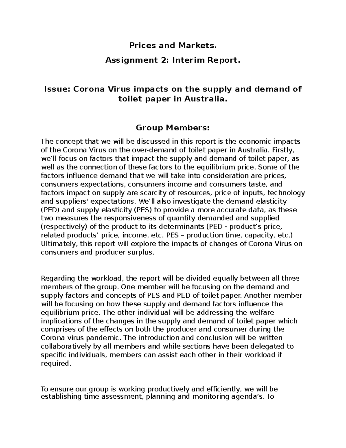 Interim Report - Grade: 7/8 - Prices and Markets. Assignment 2: Interim ...