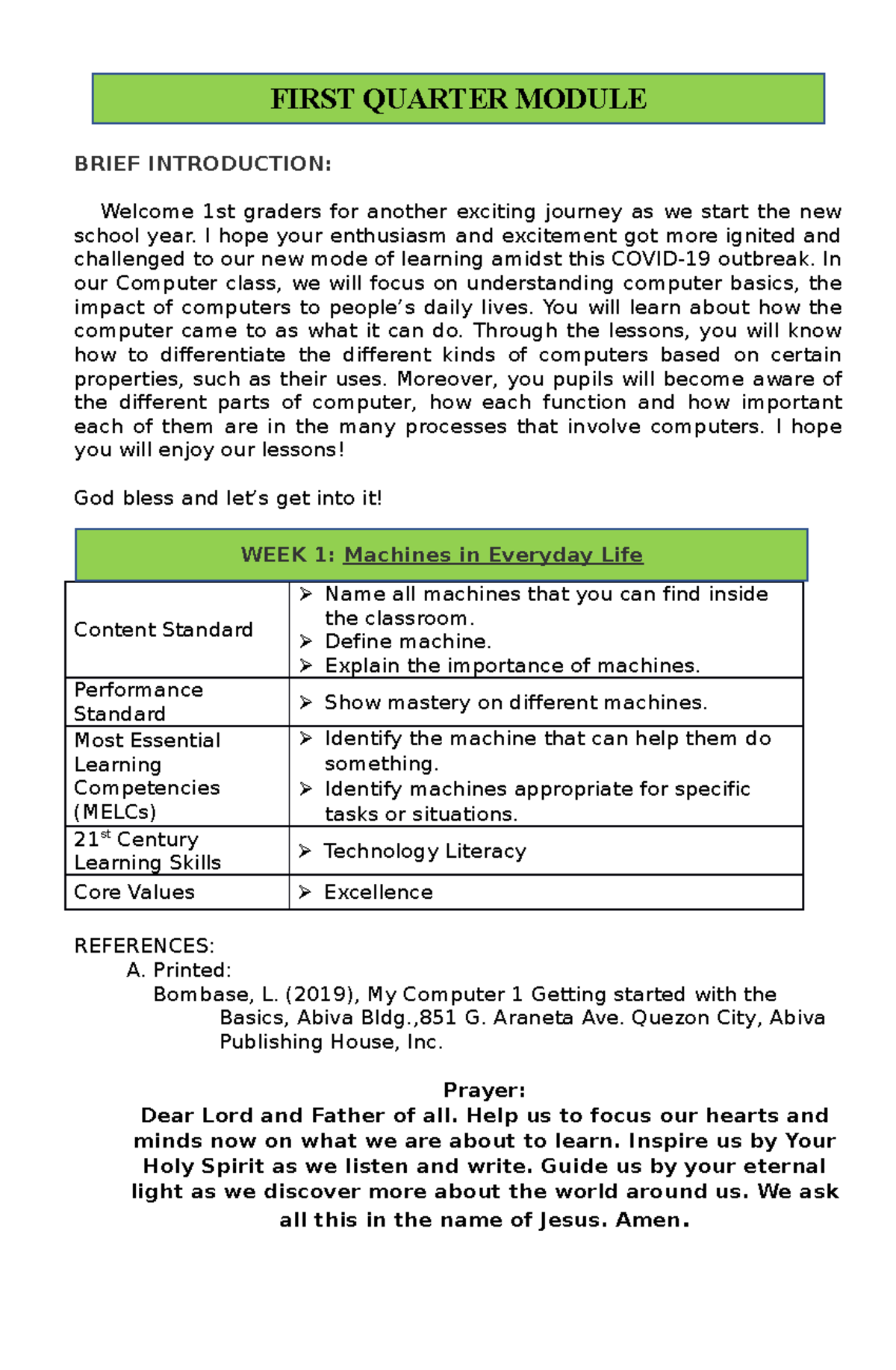 Computer 1 - Q1 - BRIEF INTRODUCTION: Welcome 1st graders for another ...
