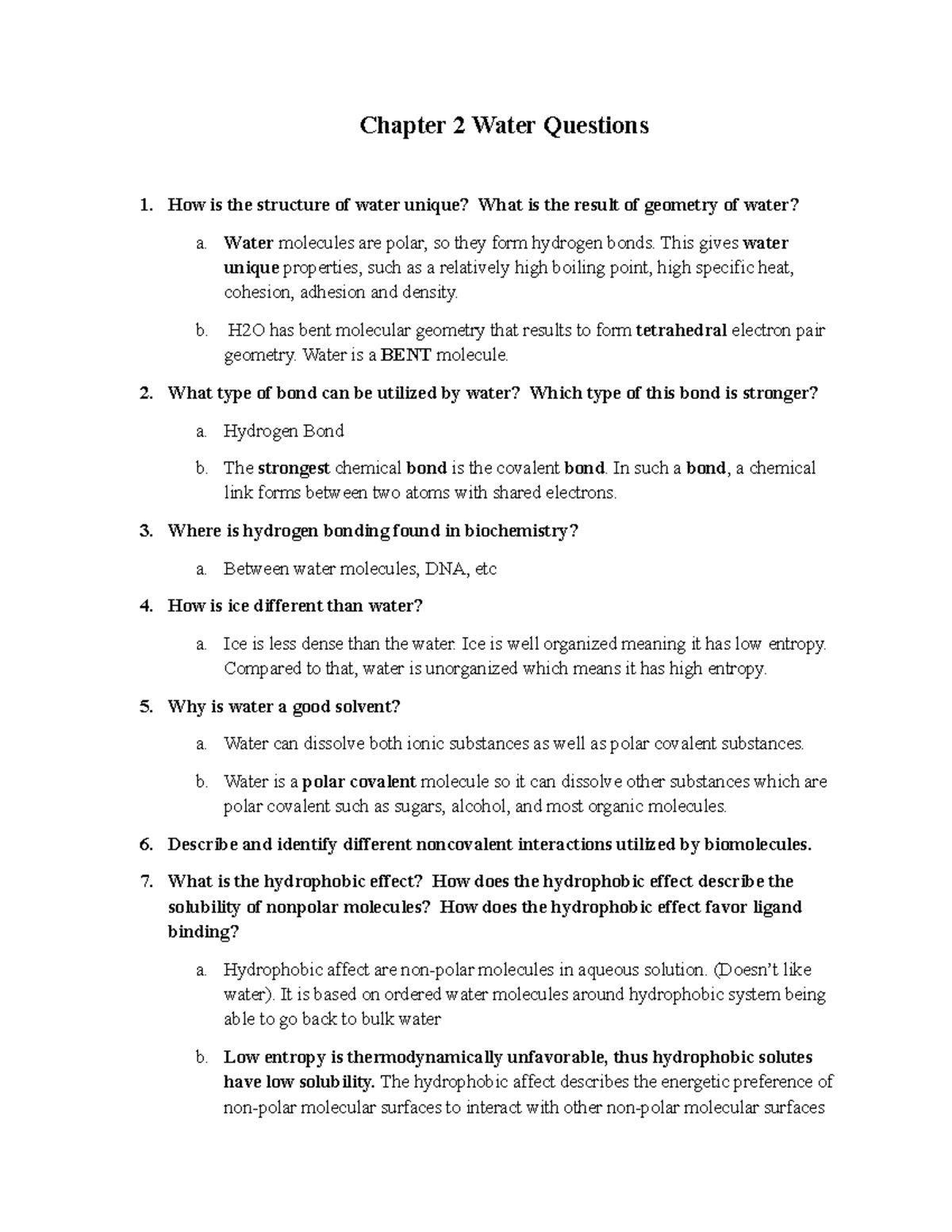 Chapter 2 Water study guide (answered) - Chapter 2 Water Questions 1 ...