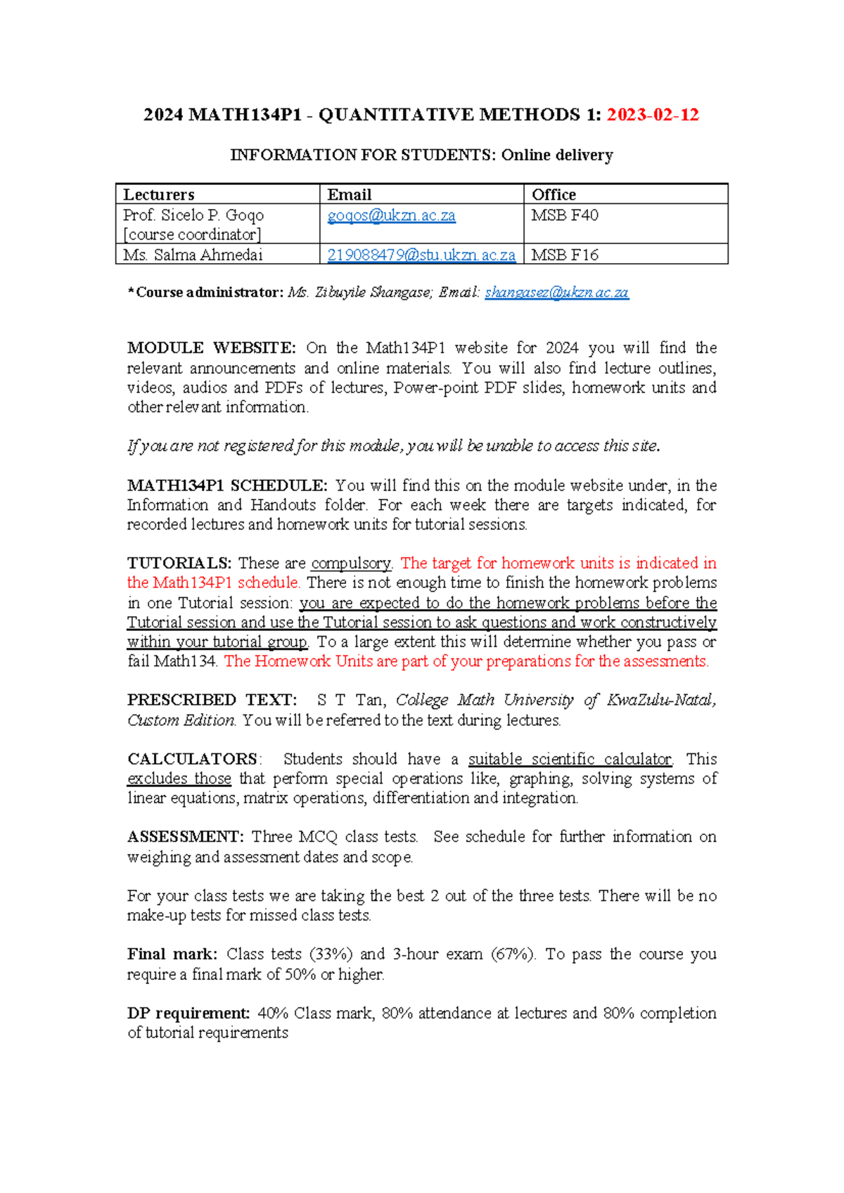 Infosheet Math134P1 2024 12 February 2024 - 2024 MATH134P1 - QUANTITATIVE METHODS 1: 2023-02 ...