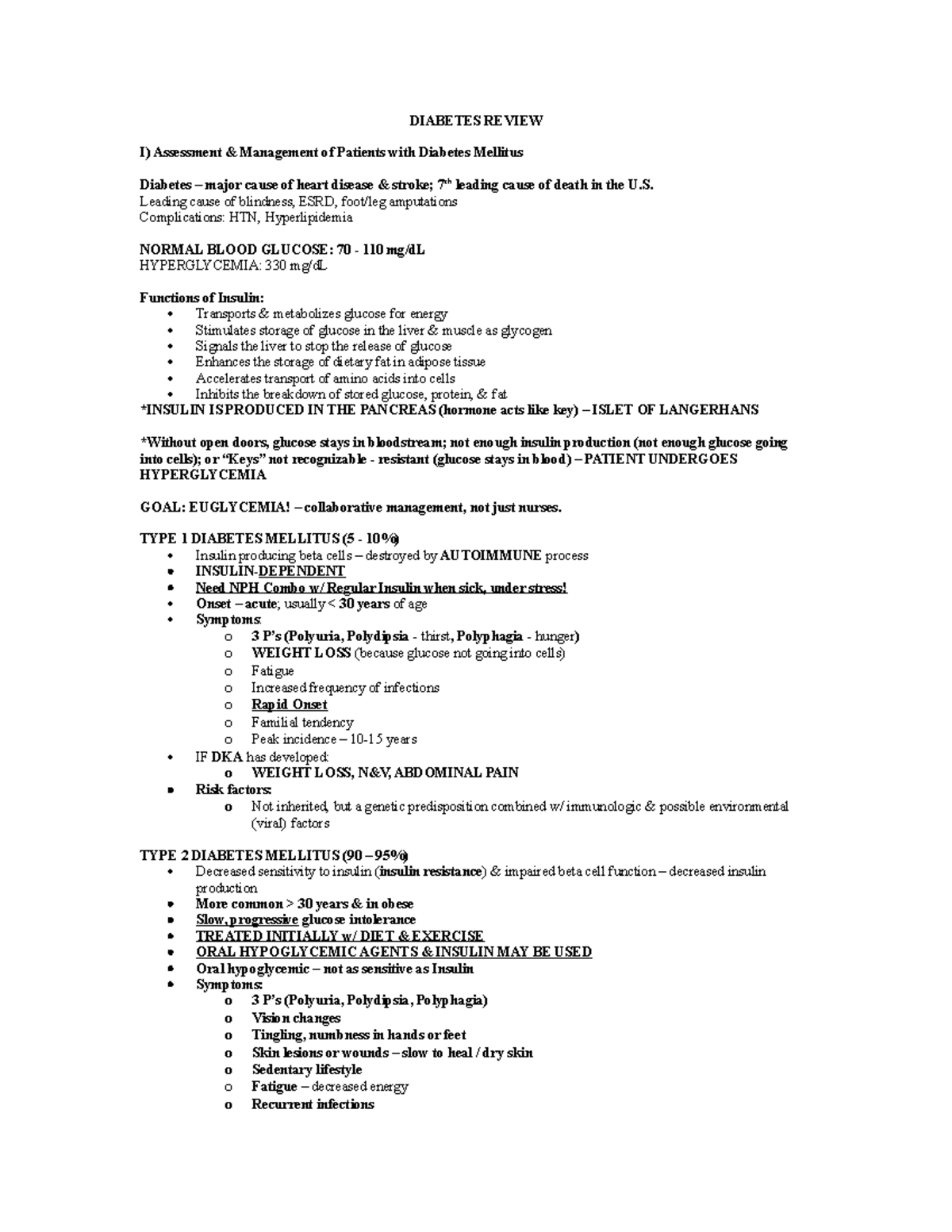Diabetes Review - Copy - notes - DIABETES REVIEW I) Assessment ...