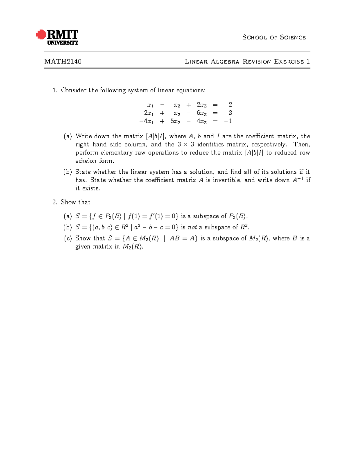 LA Revision Ex 01 - lecture notes - School of Science MATH2140 Linear ...