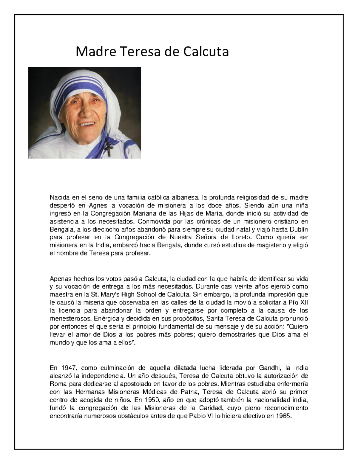Madre Teresa de Calcuta - Madre Teresa de Calcuta Nacida en el seno de ...