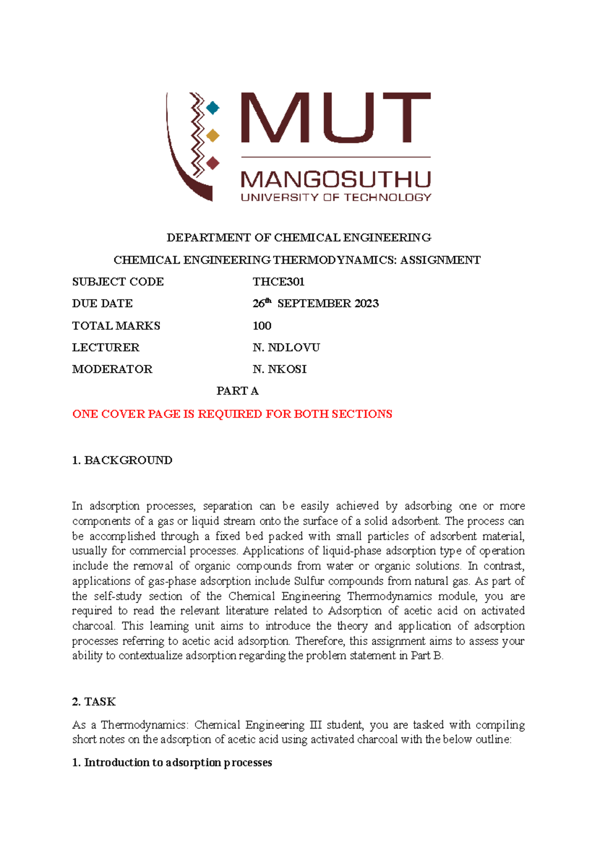 Assignment THCE301 DUE 26th Sept 2023 - DEPARTMENT OF CHEMICAL ...