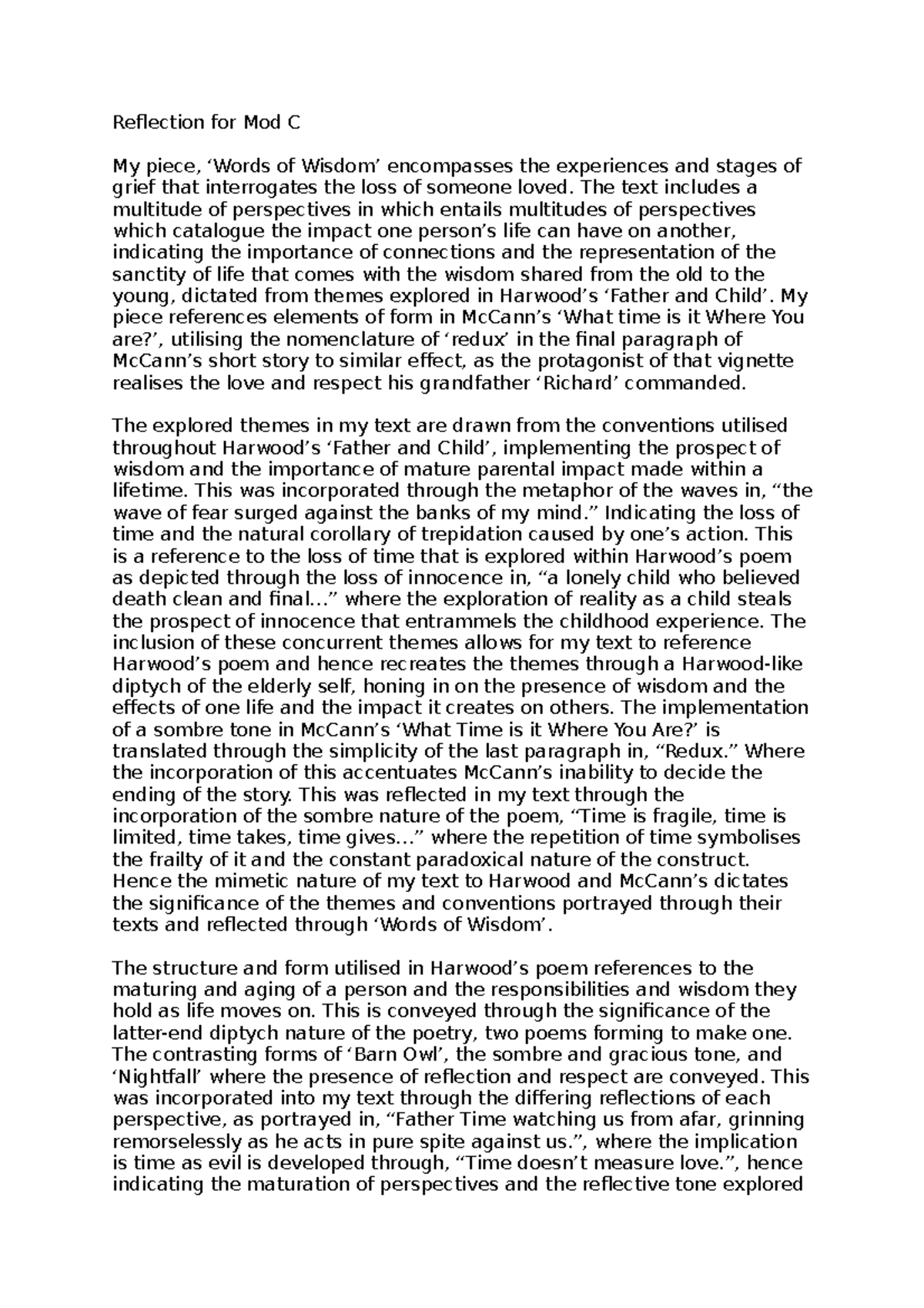 Reflection for Creative - Reflection for Mod C My piece, ‘Words of ...