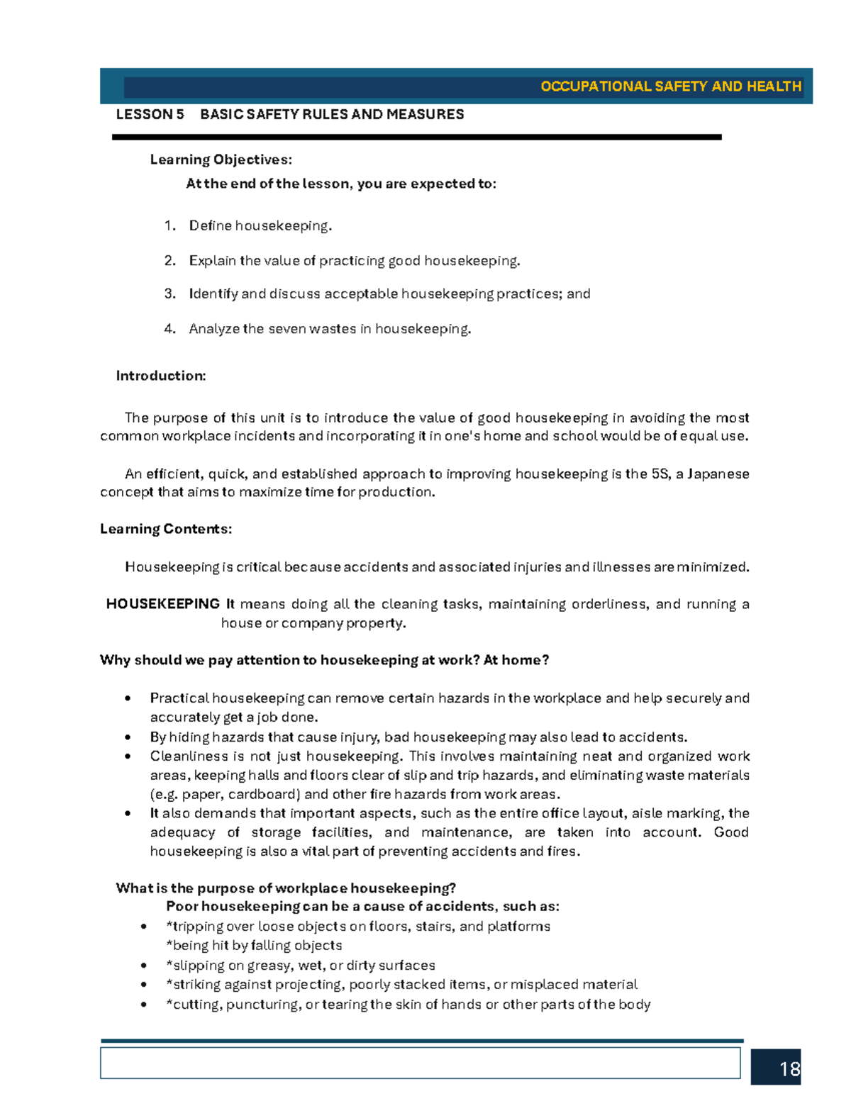 Lesson 5 6 OSH - LESSON 5 BASIC SAFETY RULES AND MEASURES Learning ...