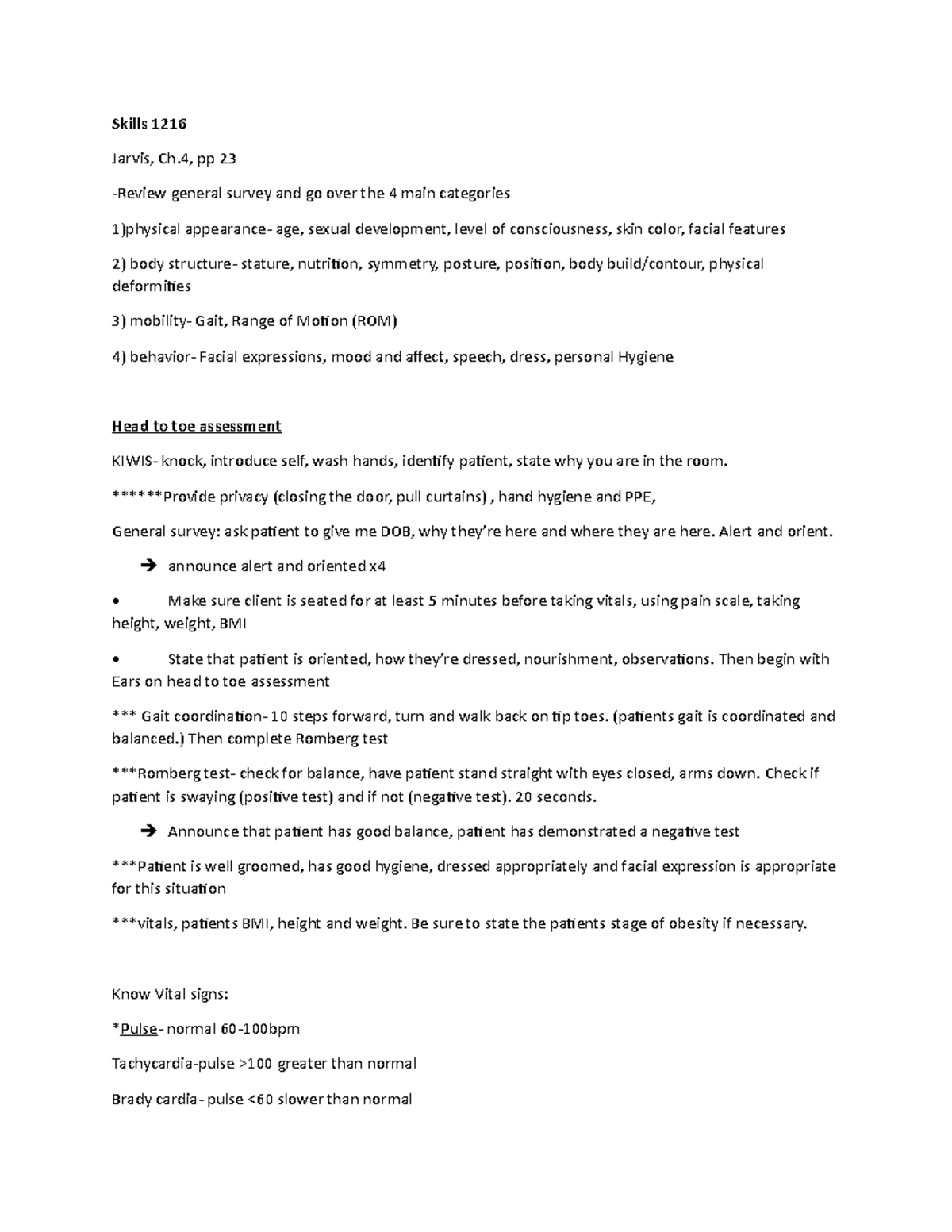 Skills 1216 vital signs - Skills 1216 Jarvis, Ch, pp 23 -Review general ...