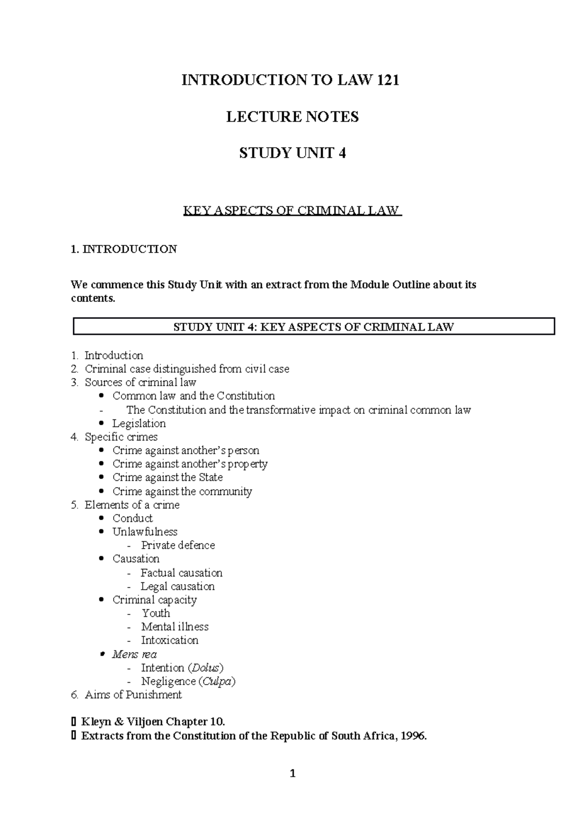 BASIC CRIMINAL LAW NOTES - INTRODUCTION TO LAW 101 - LLB - UWC - Studocu