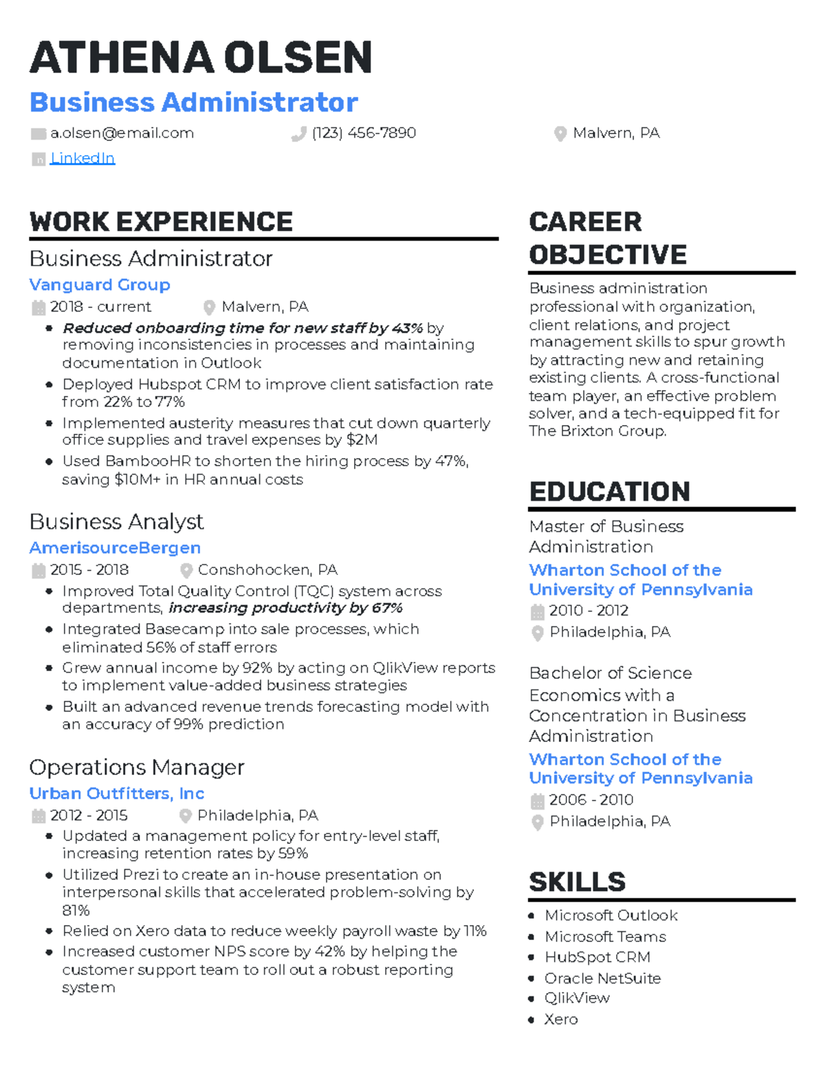 Business administration standout resume example - ATHENA OLSEN Business ...
