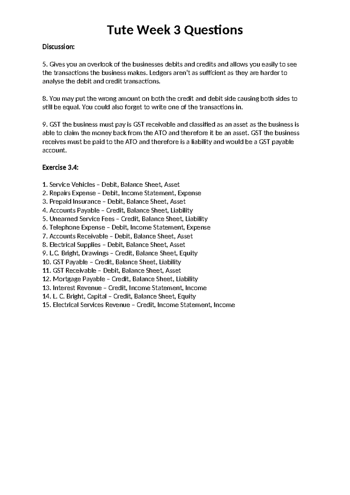 Tute Week 3 Questions - Discussion: 5. Gives you an overlook of the businesses debits and ...