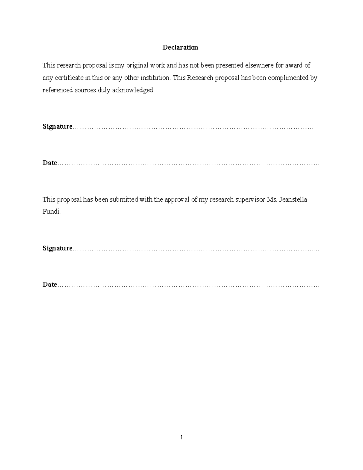 Research Proposal - Declaration This research proposal is my original ...
