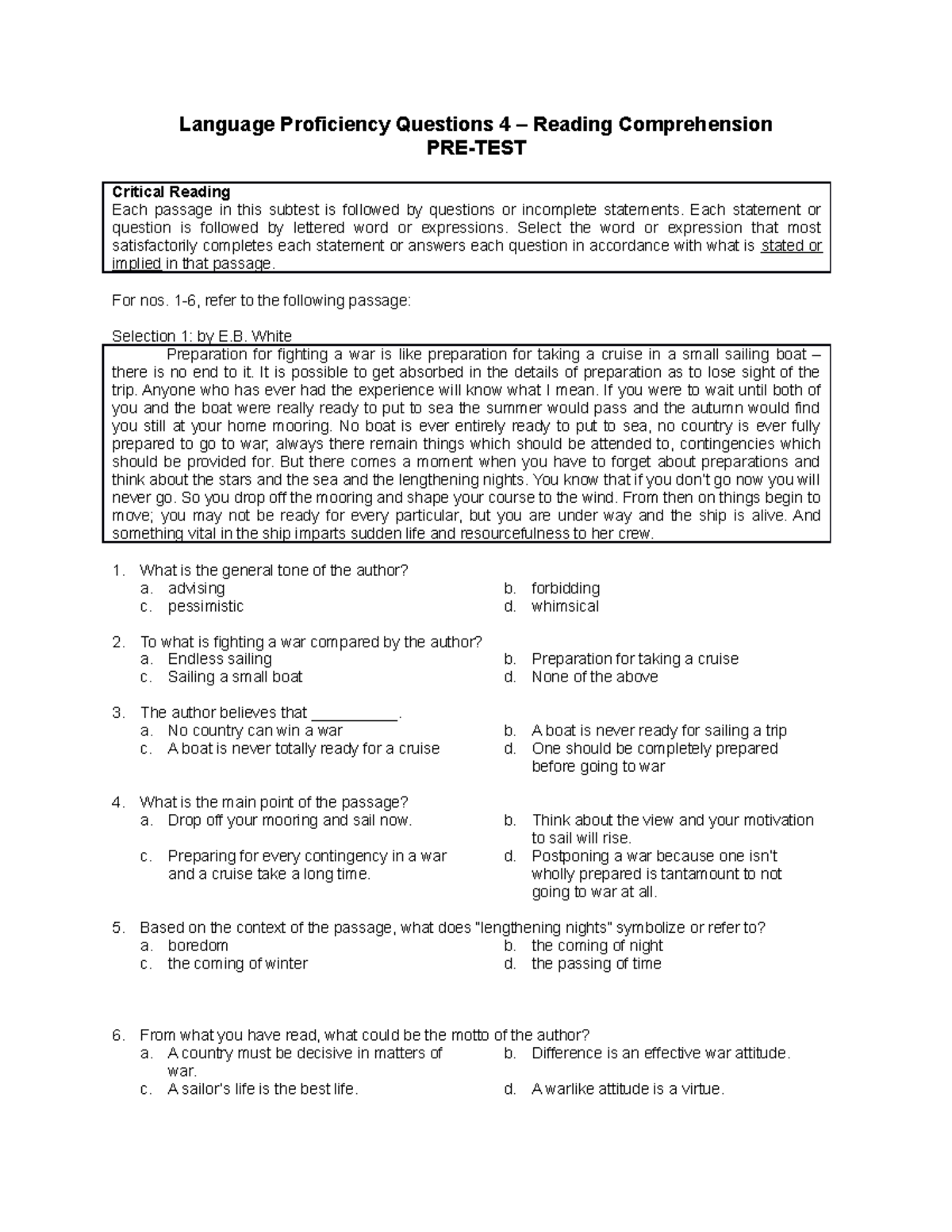 English 4.1 Pre-test - Language Proficiency Questions 4 – Reading ...