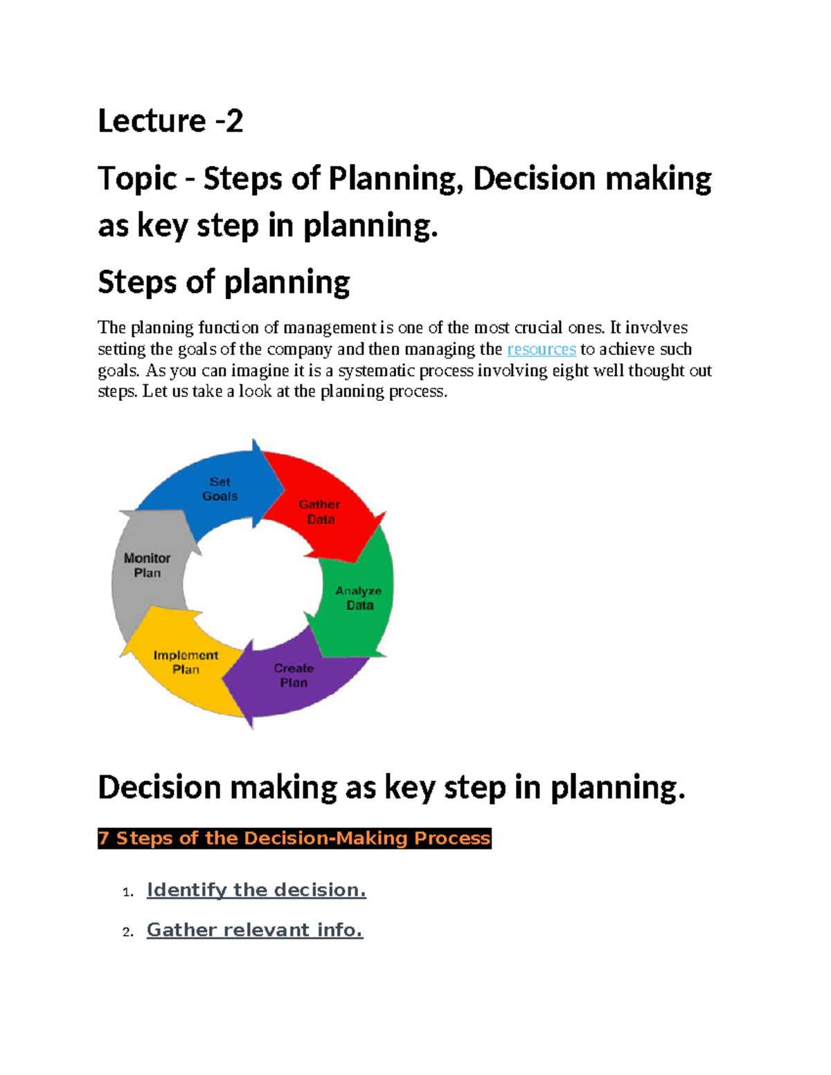 Lecture 2 - Lecture - Topic - Steps of Planning, Decision making as key ...