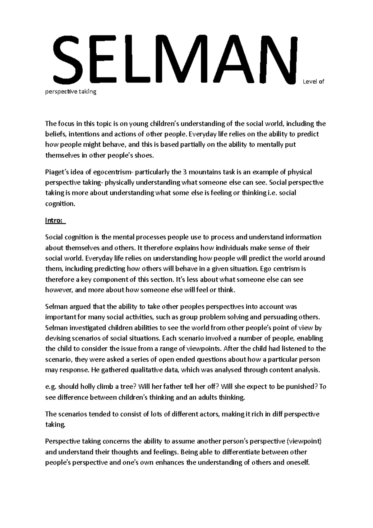 Selman - Level of perspecive taking The focus in this topic is on young ...