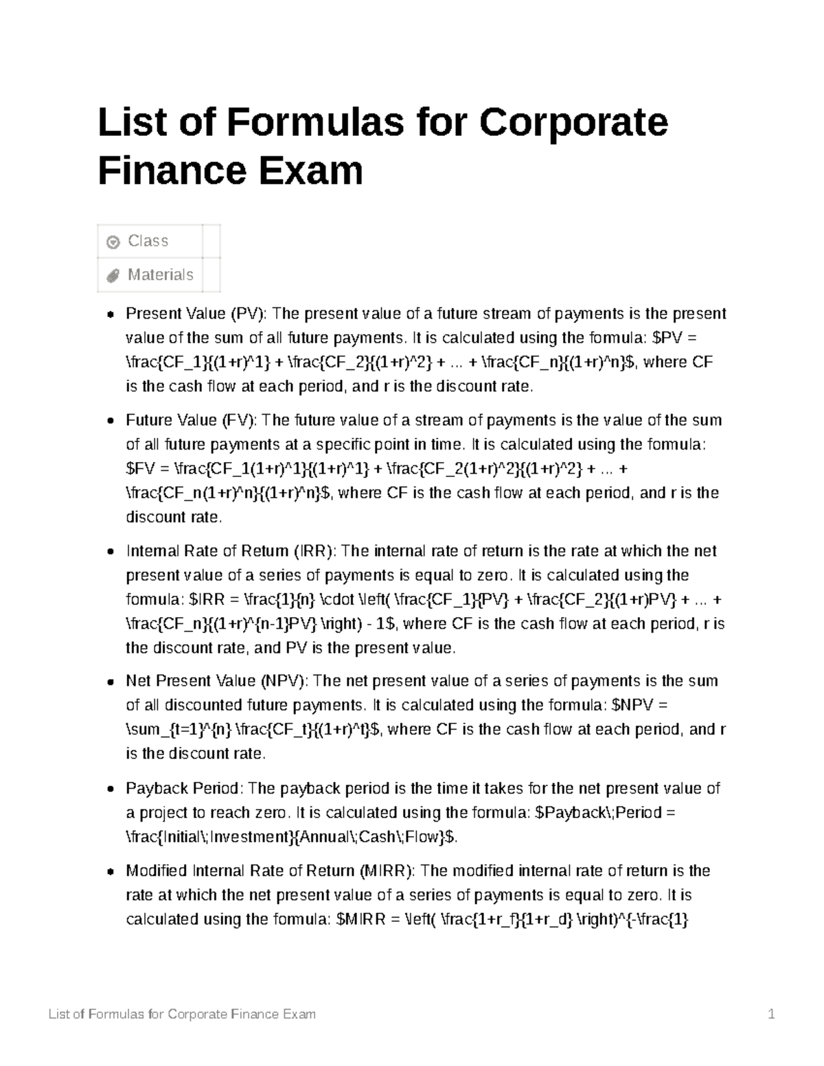 List of Formulas for Corporate Finance Exam - It is calculated using ...